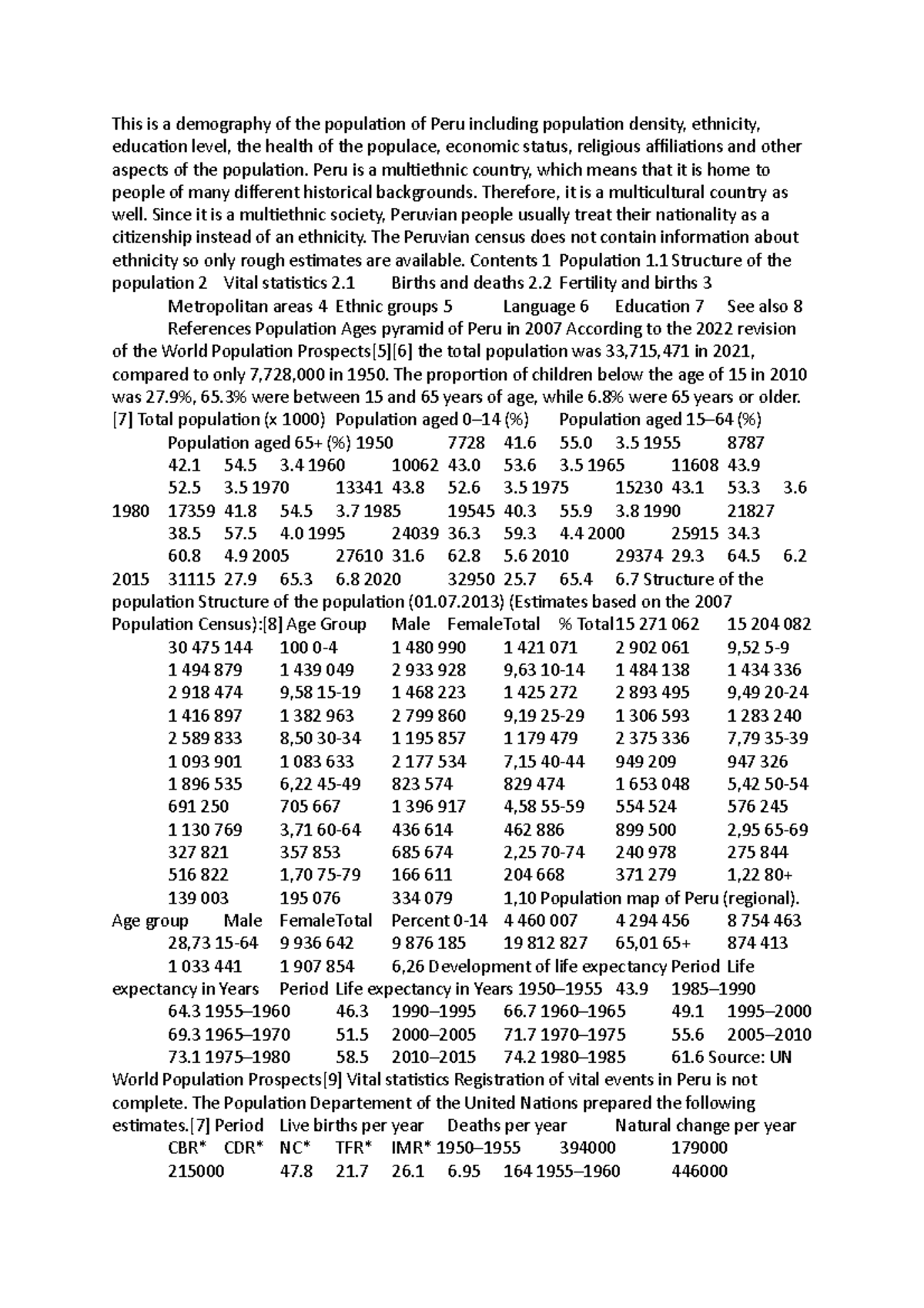 Peru - Summary - This is a demography of the population of Peru ...