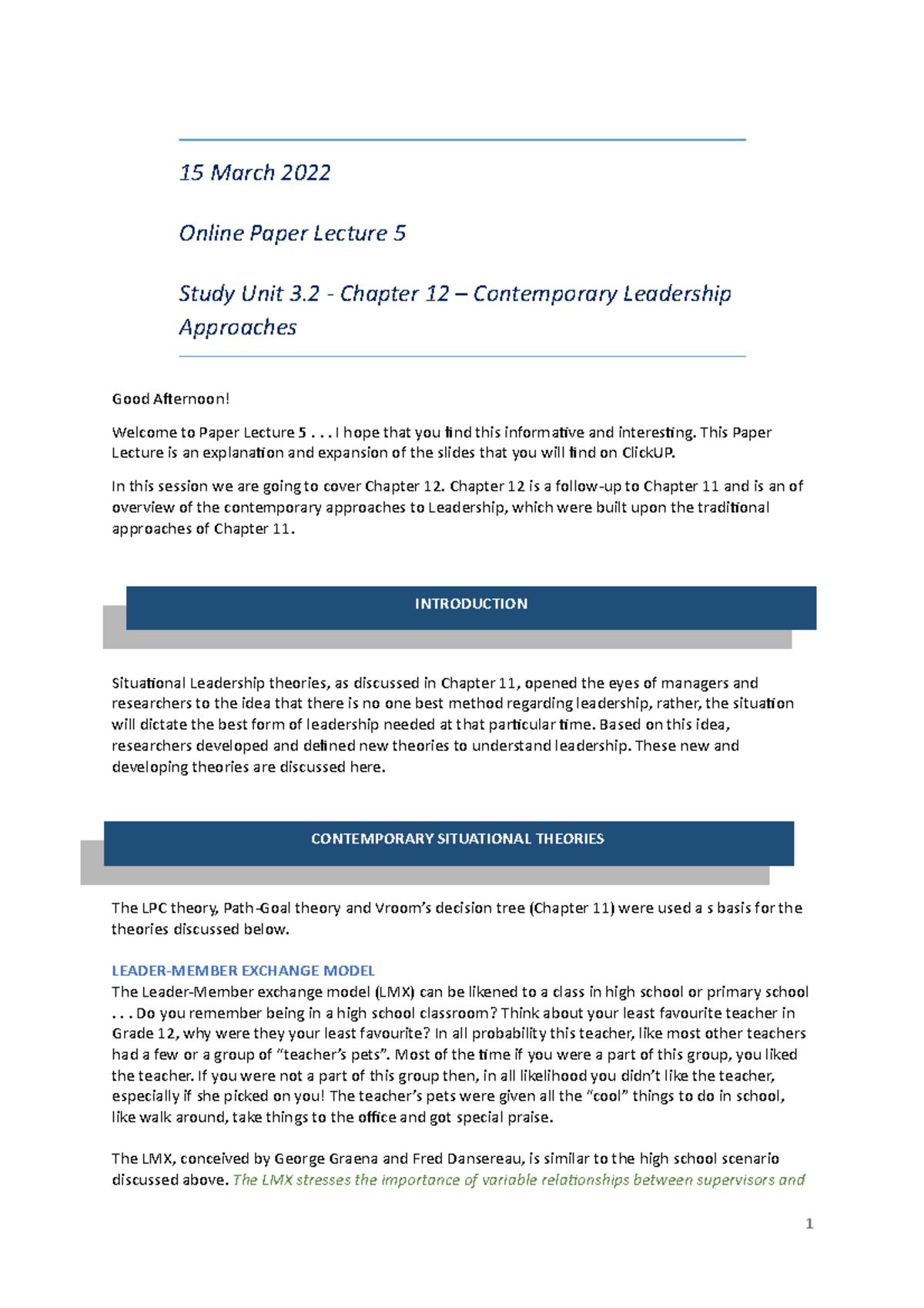 BDO 214 - Paper Lecture 5 - Study Unit 3.2 - Chapter 12(1) - 15 March ...