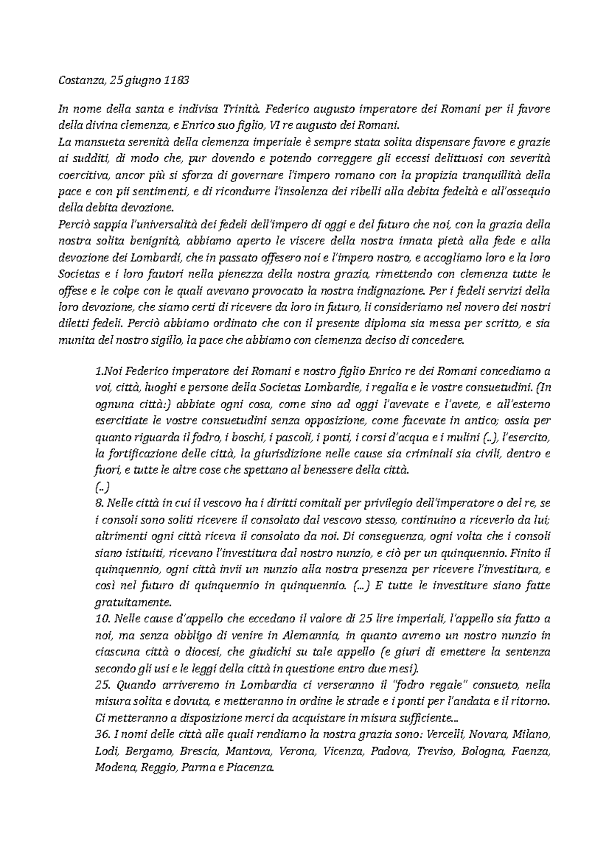 Pace di Costanza 1183-traduzione parziale - Costanza, 25 giugno 1183 In ...