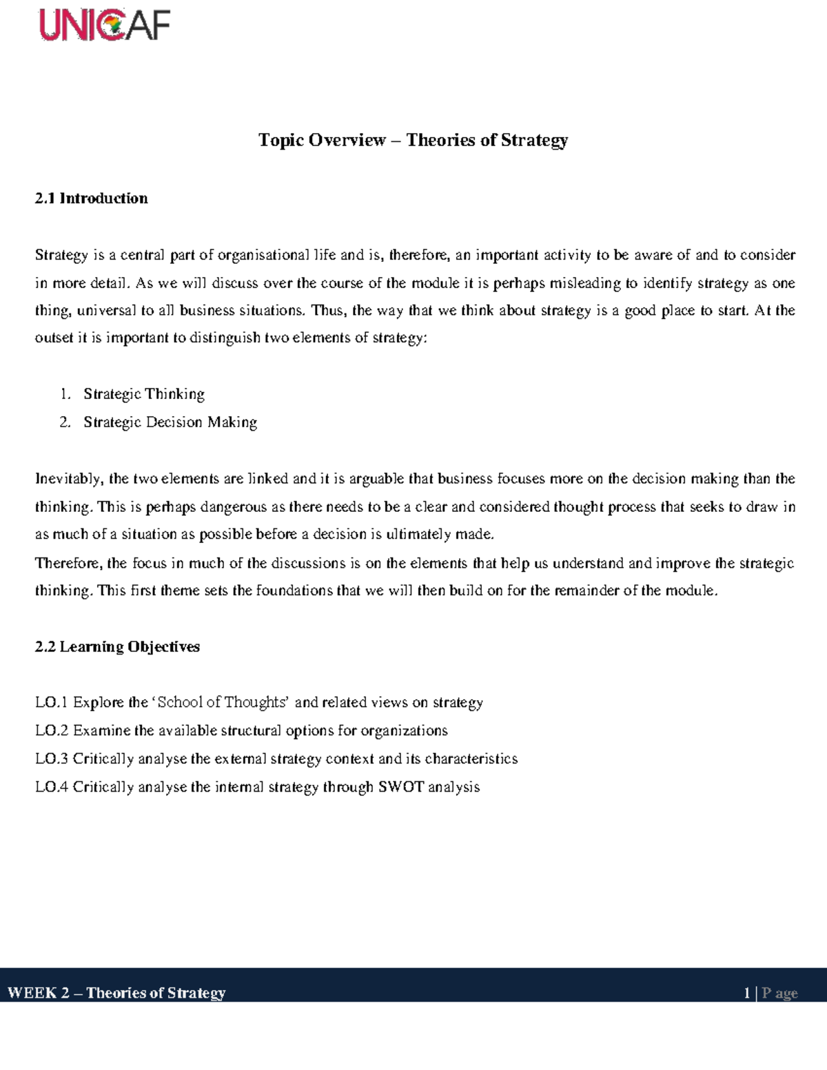 Week 2 - Topic Overview - Strategy and operation Notes - Topic Overview ...