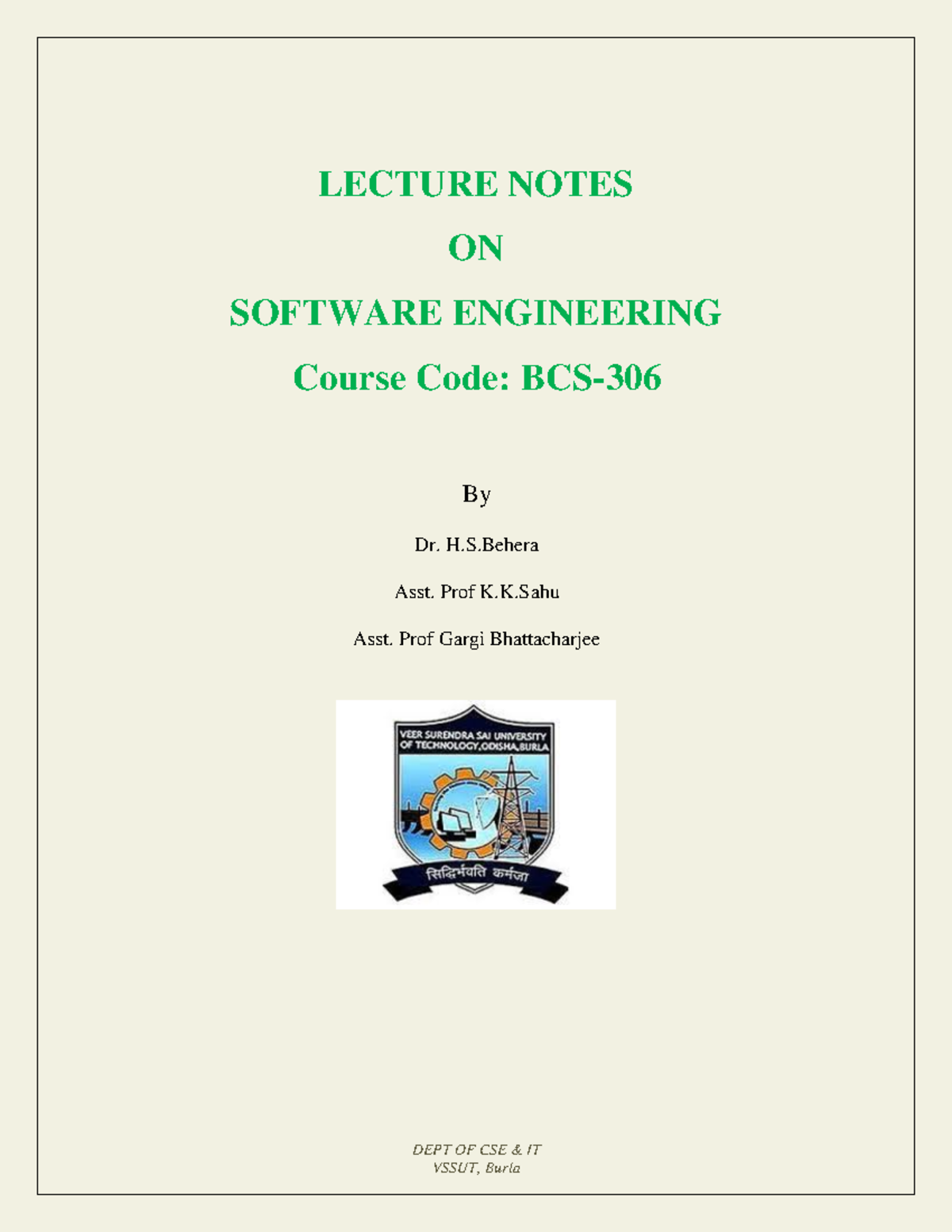 Software engineering - summerised - DEPT OF CSE & IT LECTURE NOTES ON ...