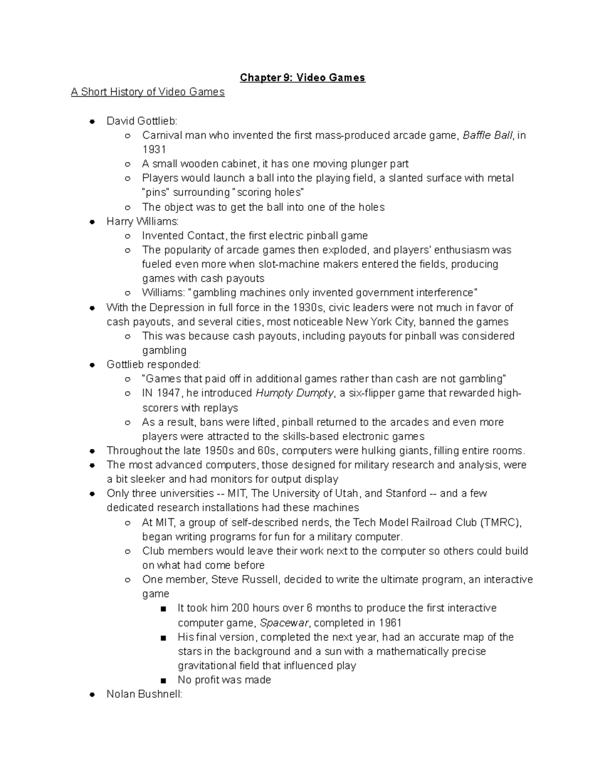 Chapter 9 Video Games - Chapter 9: Video Games A Short History of Video ...