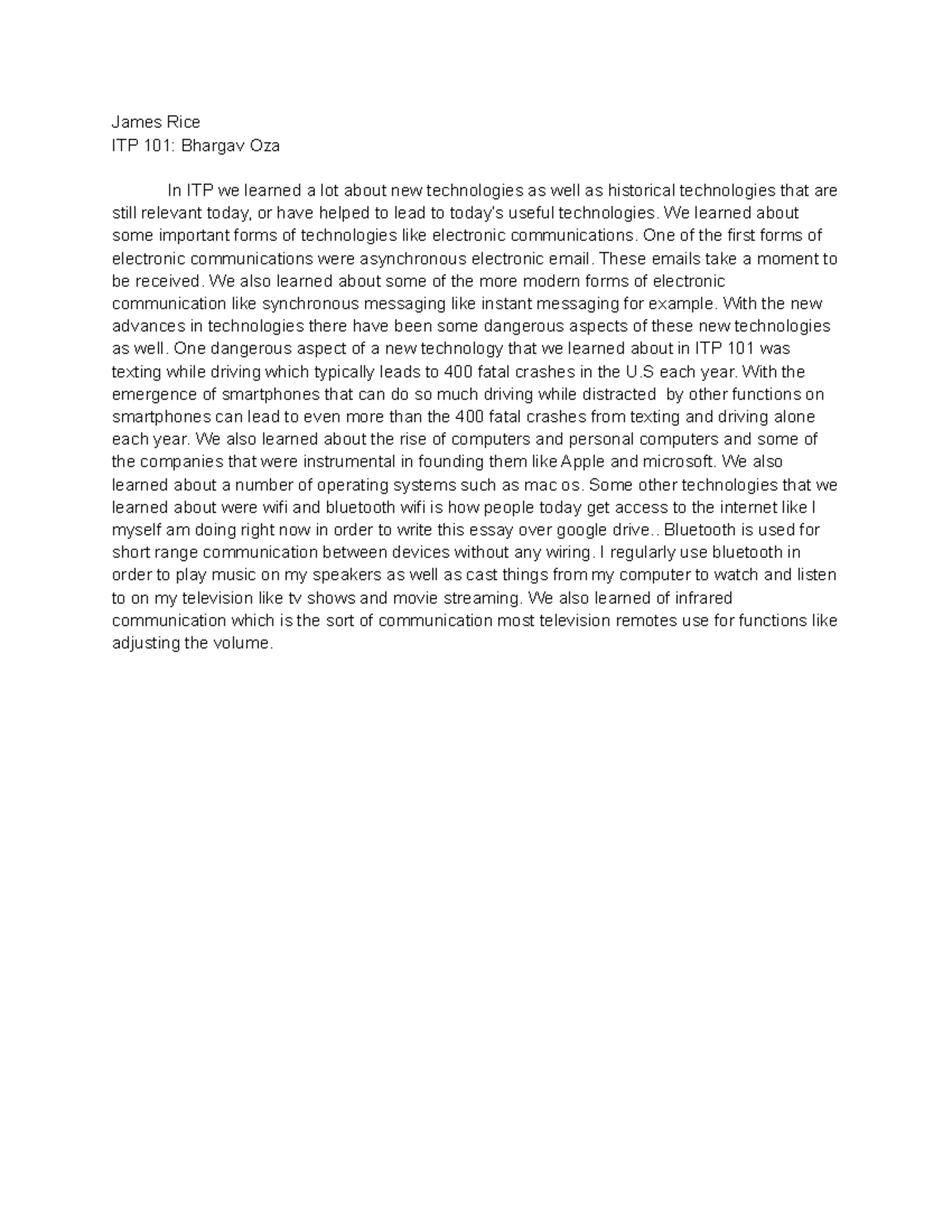 Rice James Google Drive - James Rice ITP 101: Bhargav Oza In ITP we learned a lot about new ...