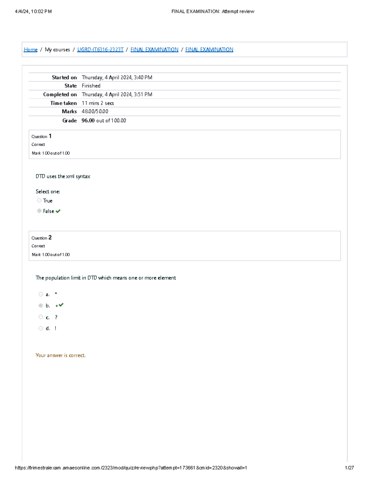 Prelim Examination Attempt review - Home / My courses / UGRD-IT6316 ...