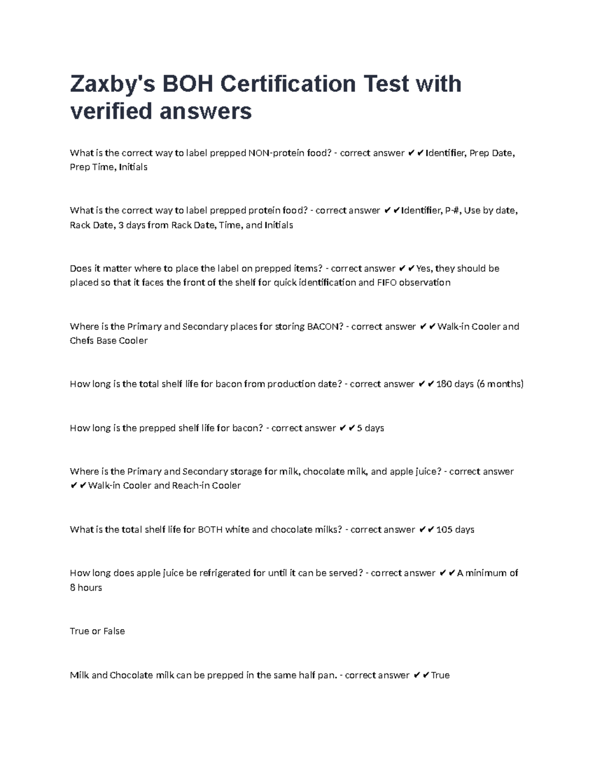 Zaxby's BOH Certification Test with verified answers 2 - correct answer ...