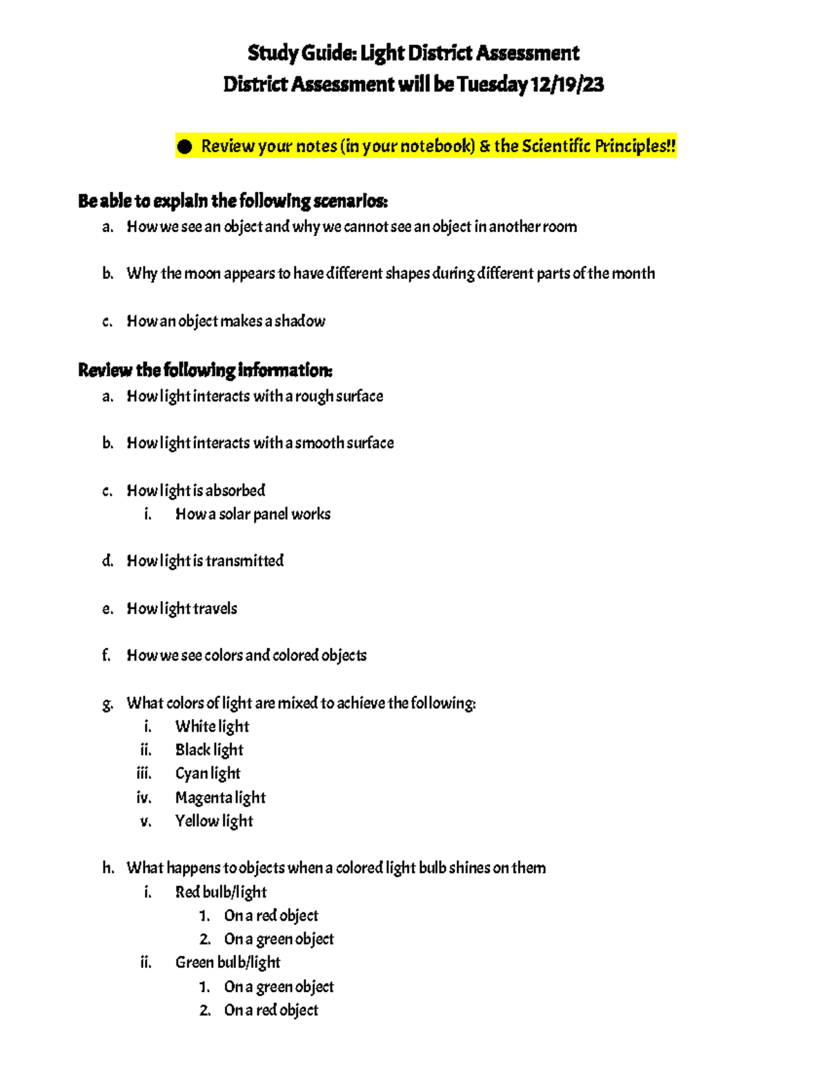 Study Guide & Scientific Principles = Light District Assessment - Study ...