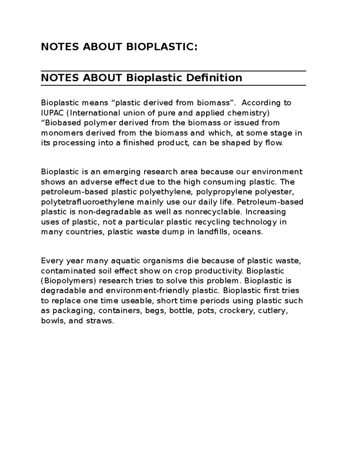 Bioplastic note - Lecture notes 1 - NOTES ABOUT BIOPLASTIC: NOTES ABOUT ...