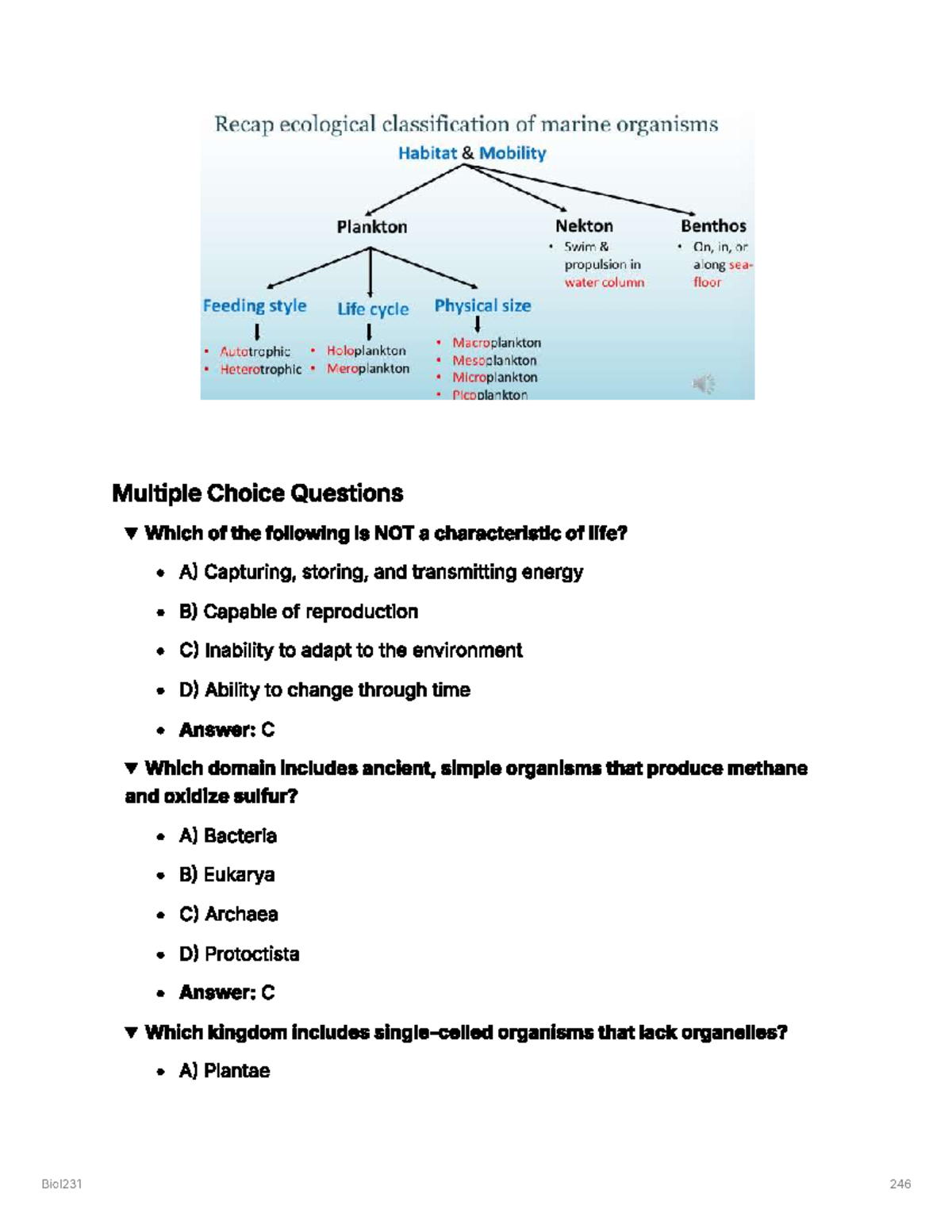 Biol231 questions - Recap ecological classification of marine organisms ...