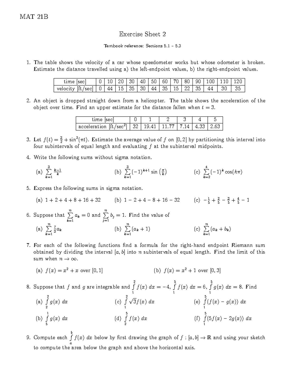21B-Exercise Sheet 2 - Practice questions for integration - MAT 21B ...