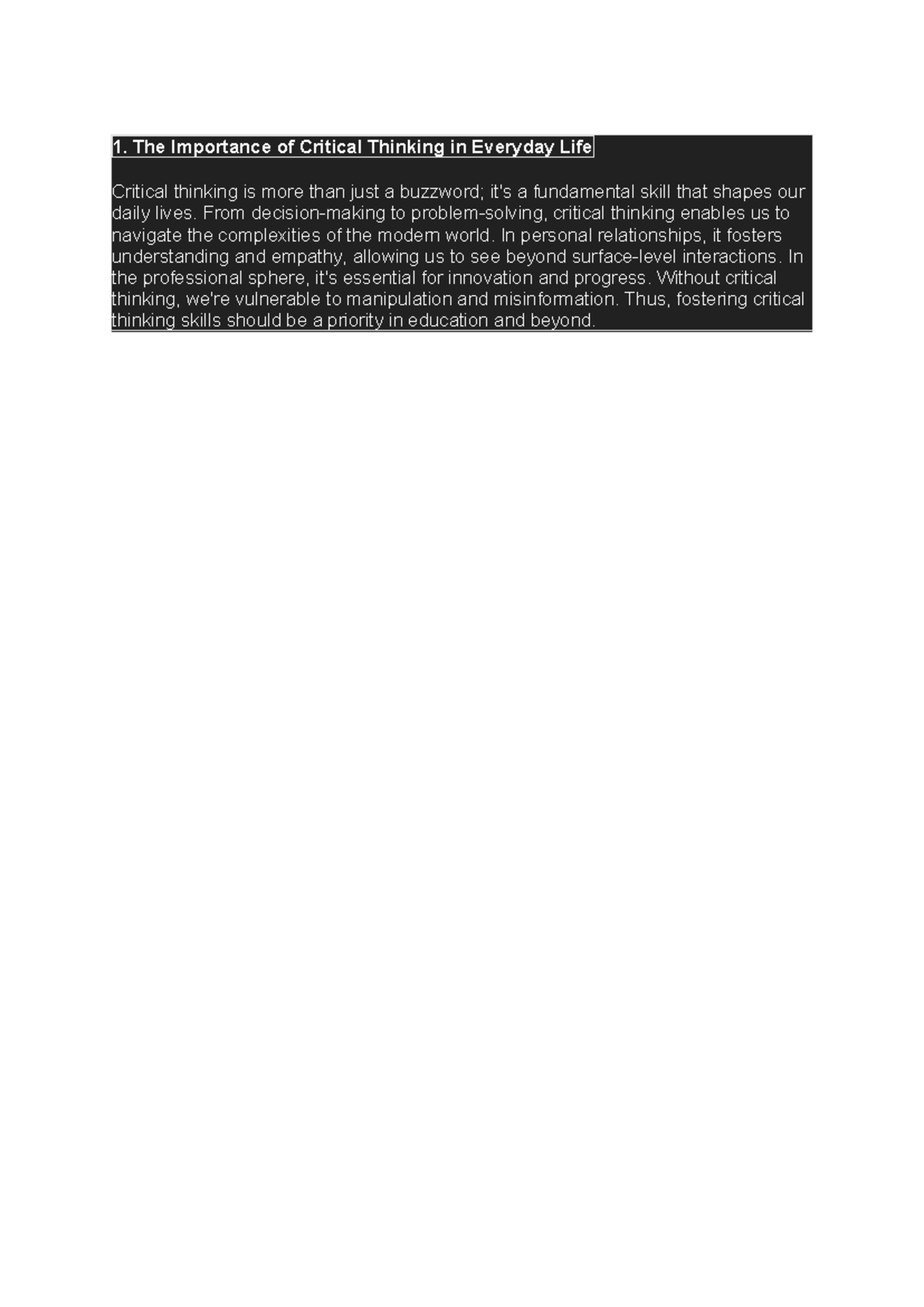 Non-scientific essay 1 - The Importance of Critical Thinking in ...