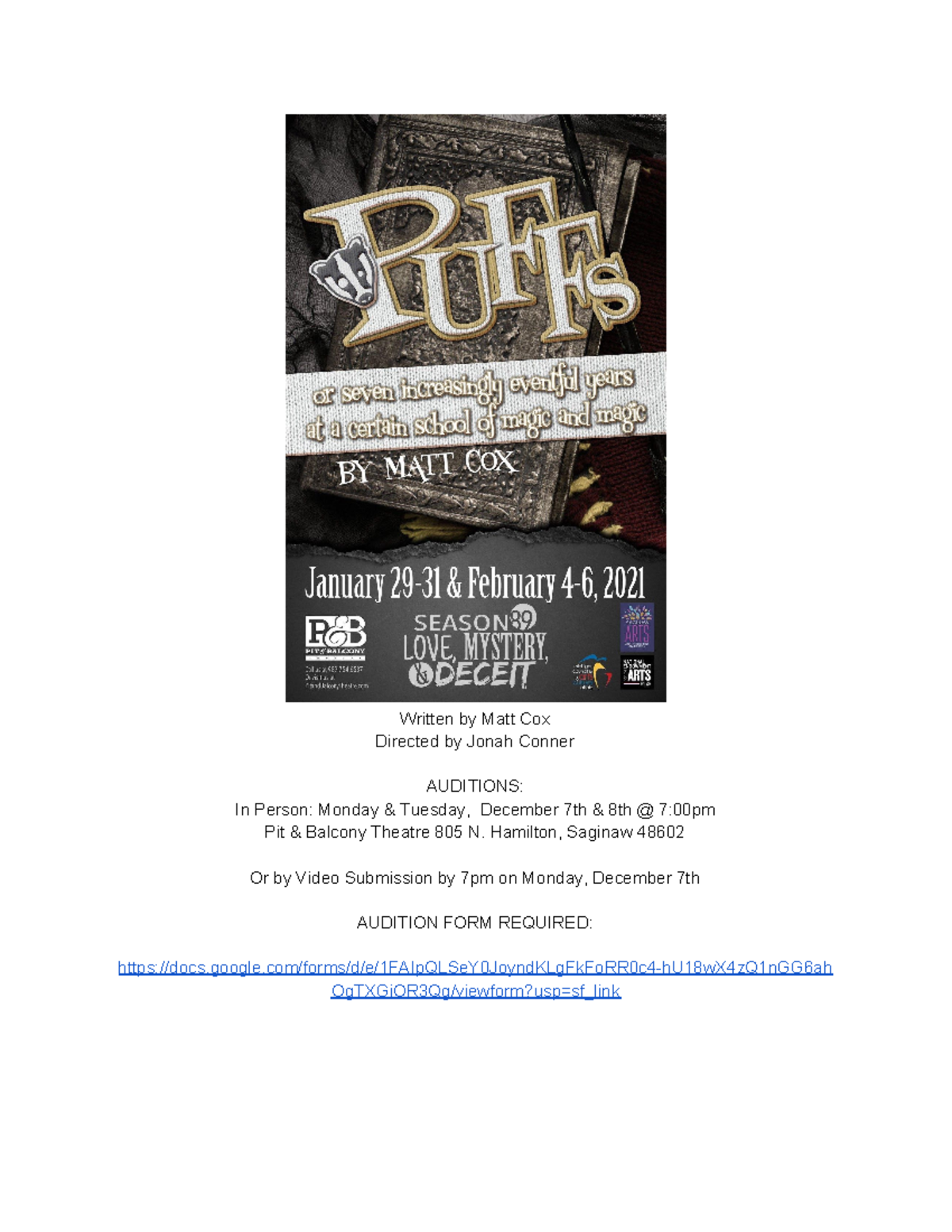 Puffs Audition Packet - Owo - Written by Matt Cox Directed by Jonah ...