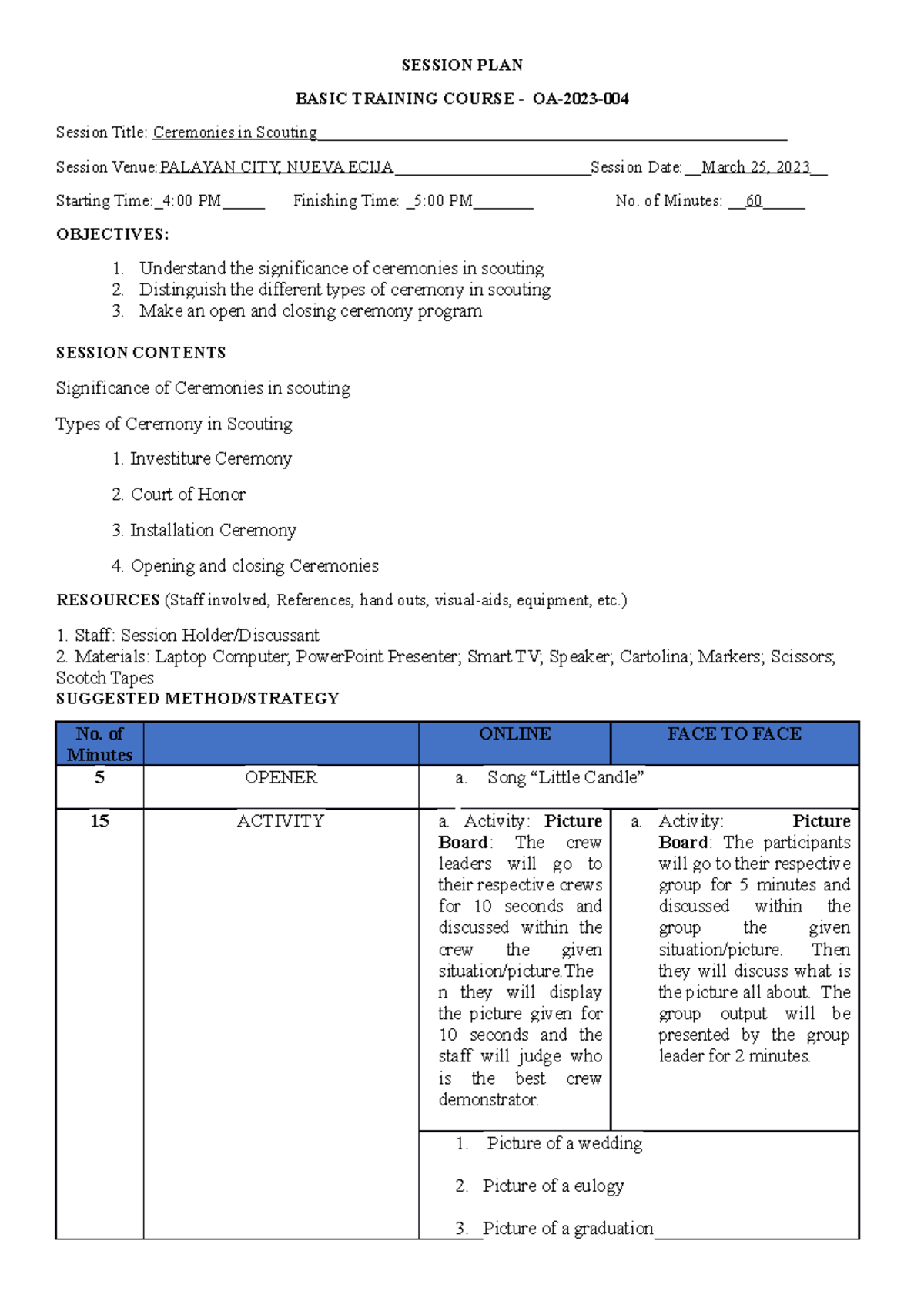 Session-PLAN- Dejesa- Ceremonies - SESSION PLAN BASIC TRAINING COURSE ...
