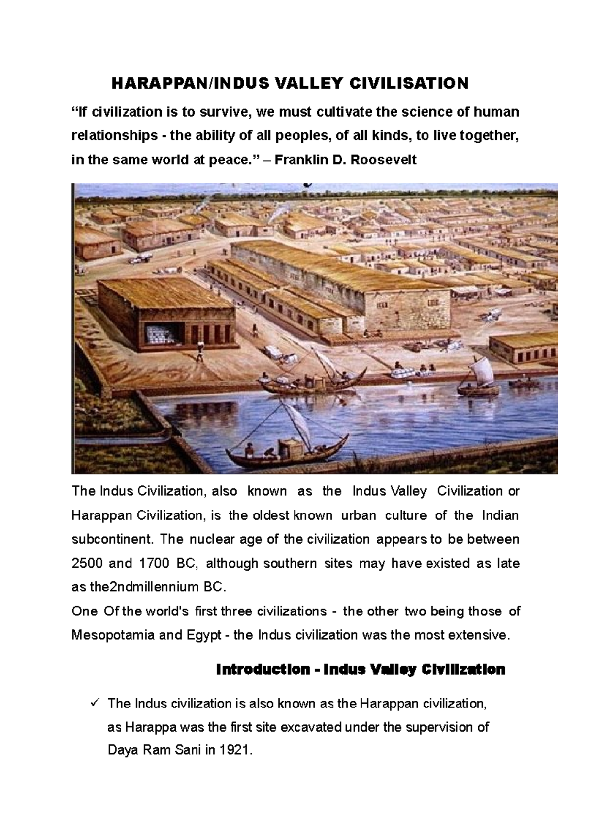 Indus Valley Civilisation - HARAPPAN/INDUS VALLEY CIVILISATION “If ...