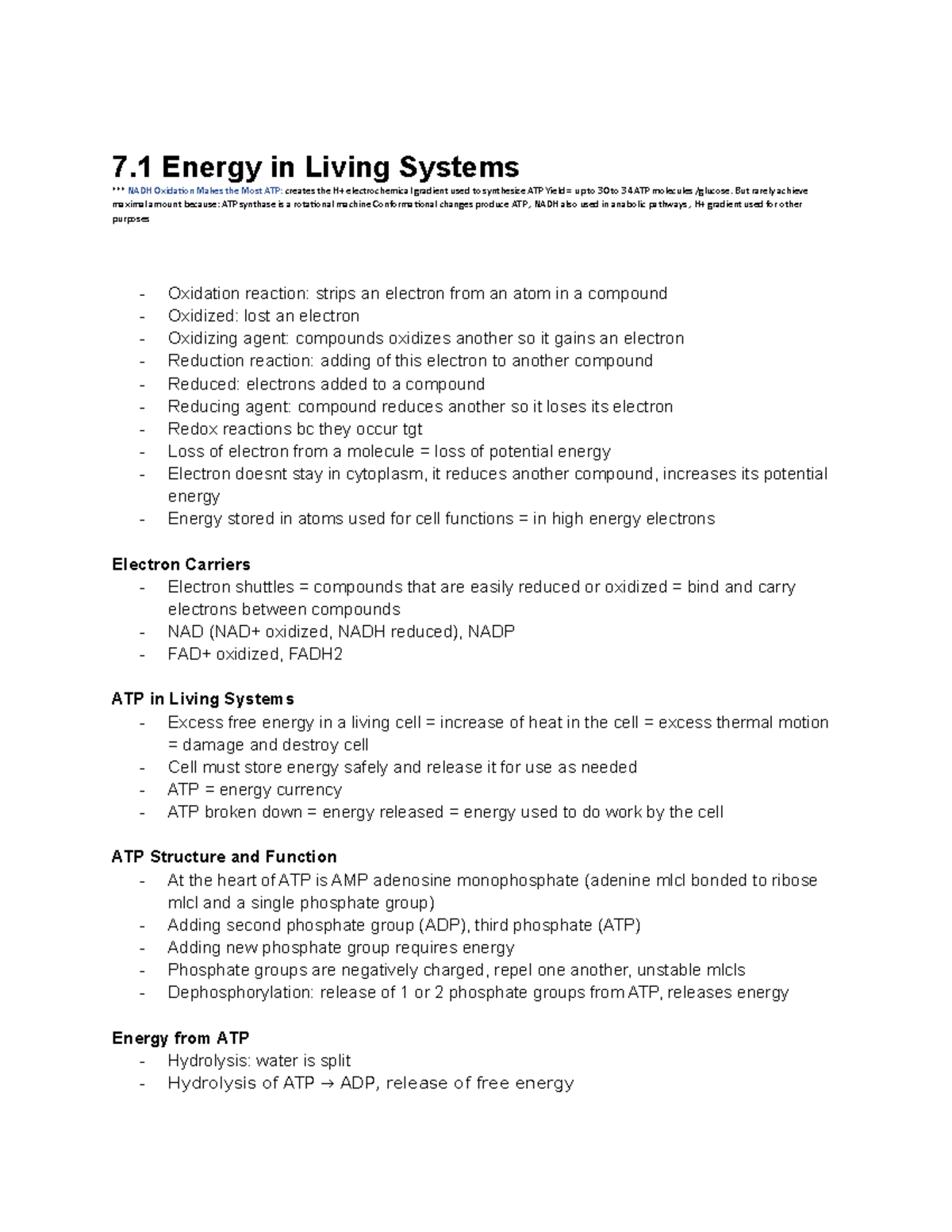 Topic 3 Cellular Respiration - 7 Energy in Living Systems *** NADH ...
