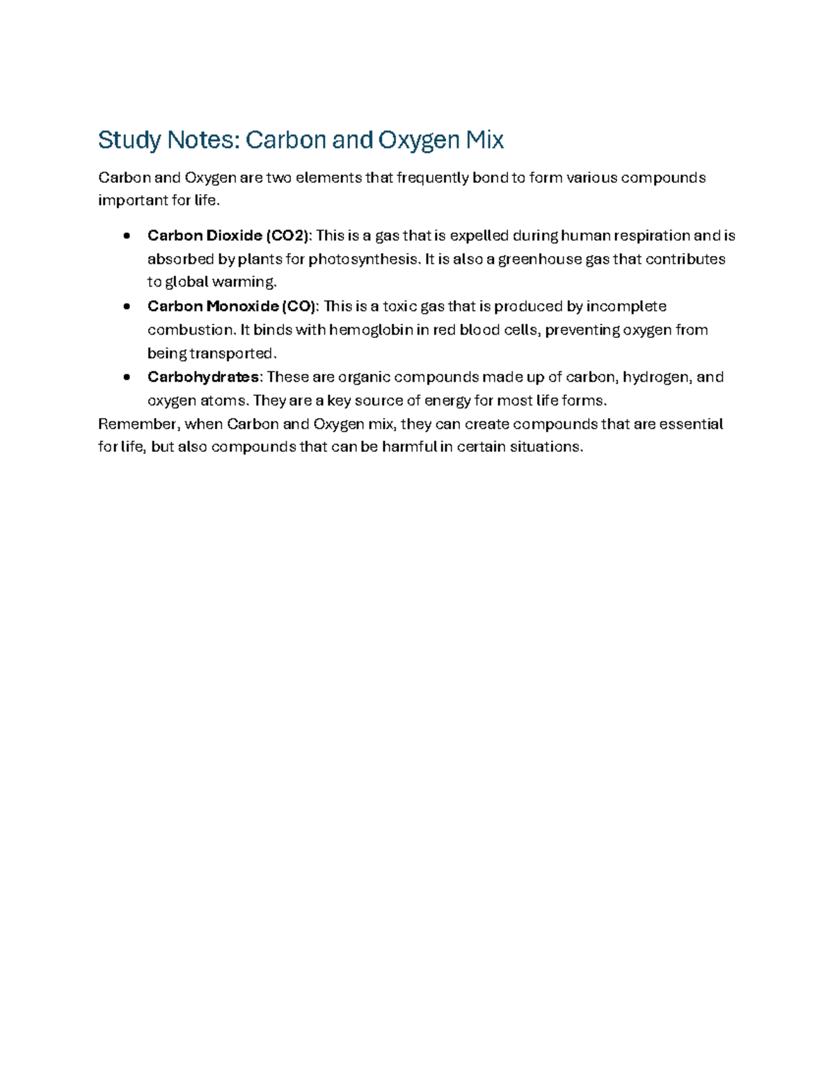 Document 1 - Just simple notes - Study Notes: Carbon and Oxygen Mix ...