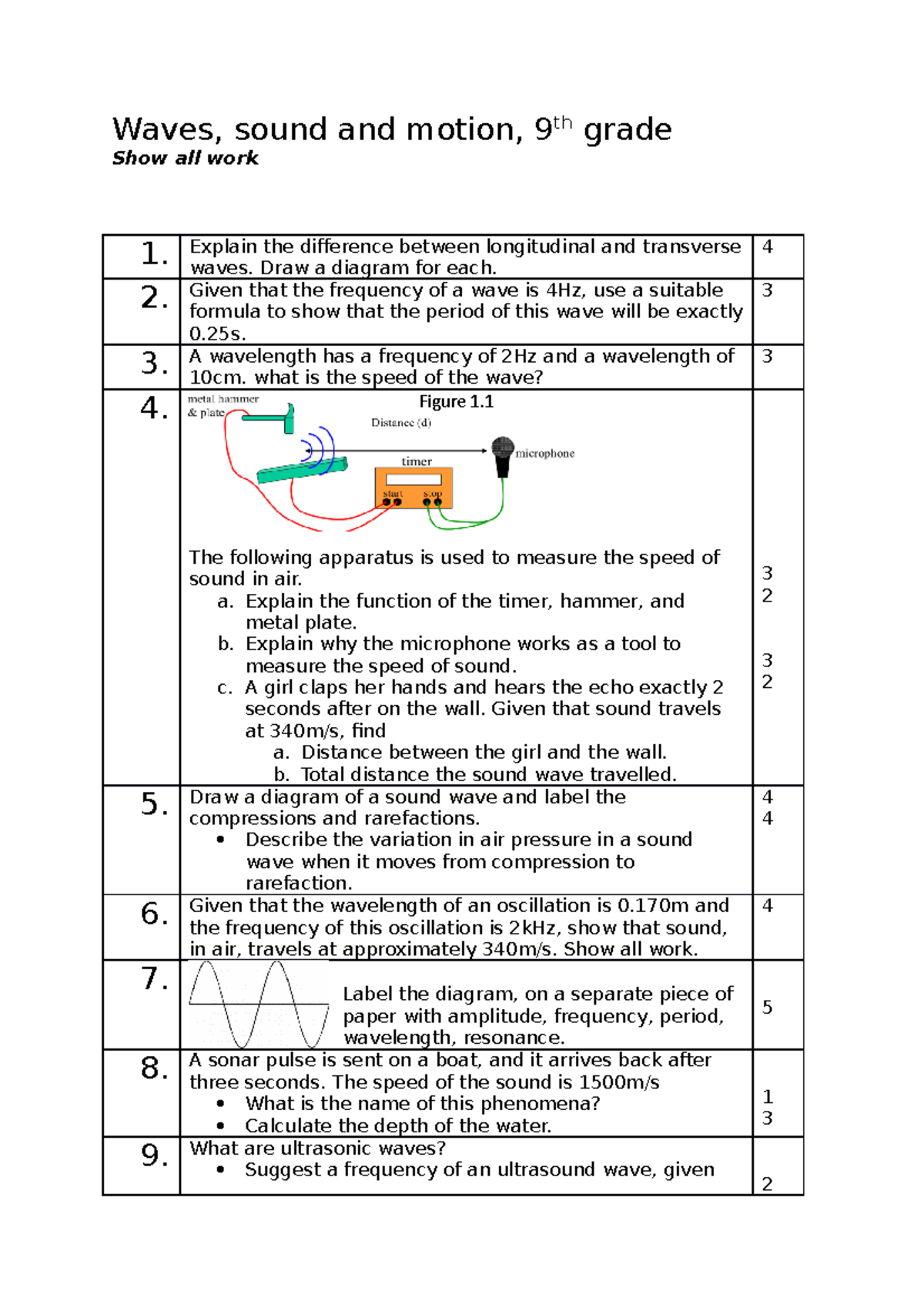Waves 1 - Waves, sound and motion, 9 th grade Show all work 1. Explain ...