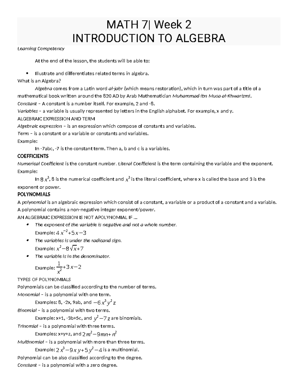 MATH 7 module - fff - MATH 7| Week 2 INTRODUCTION TO ALGEBRA Learning ...