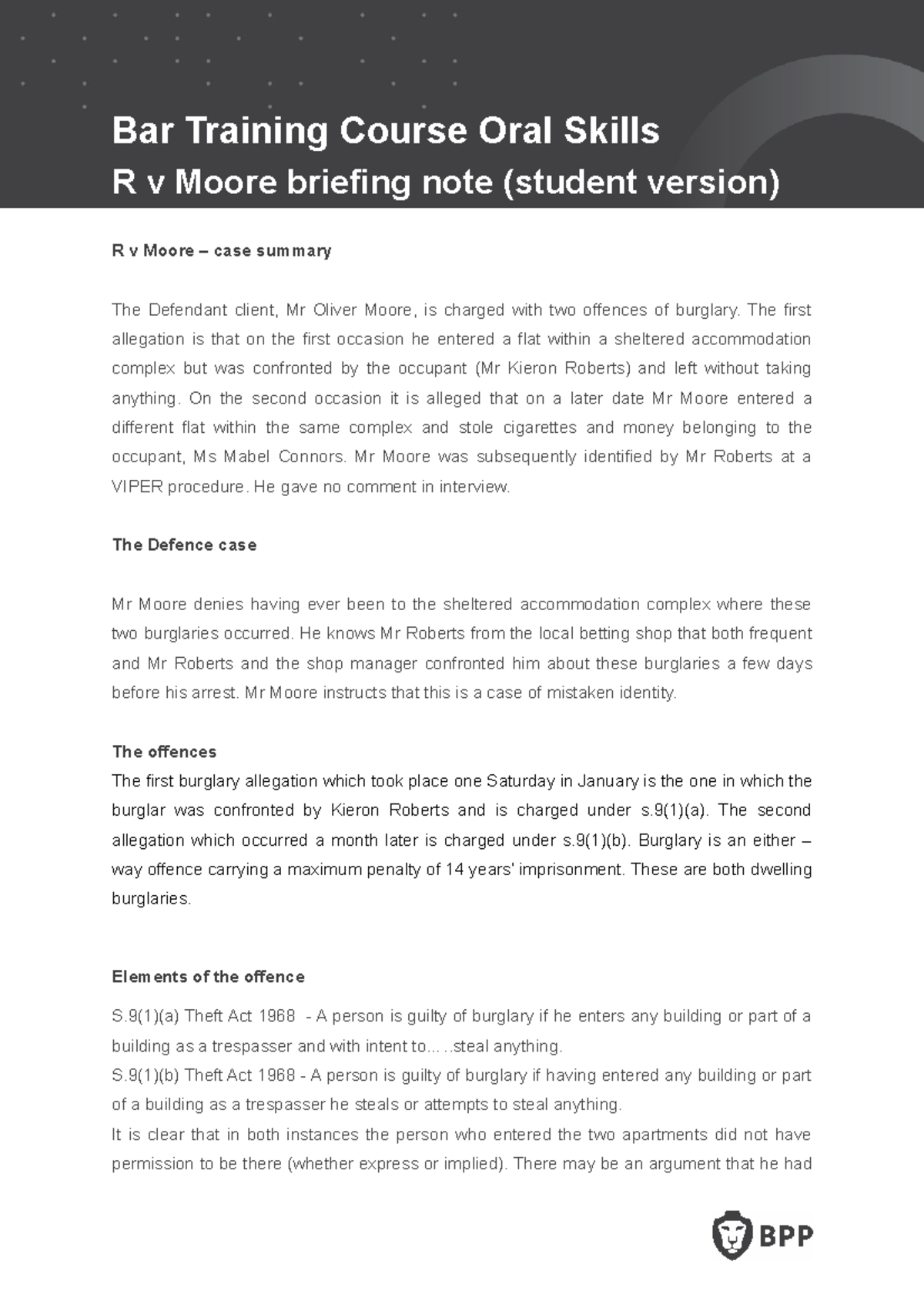 R v Moore law briefing note student version - Bar Training Course Oral ...