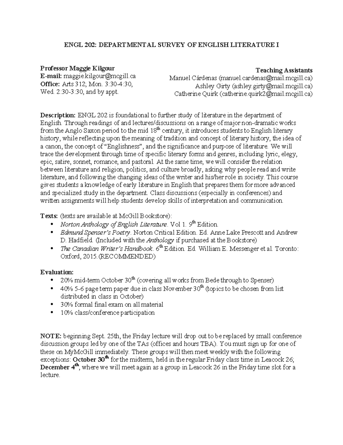 Survey of English Lit I Syllabus - ENGL 202: DEPARTMENTAL SURVEY OF ...