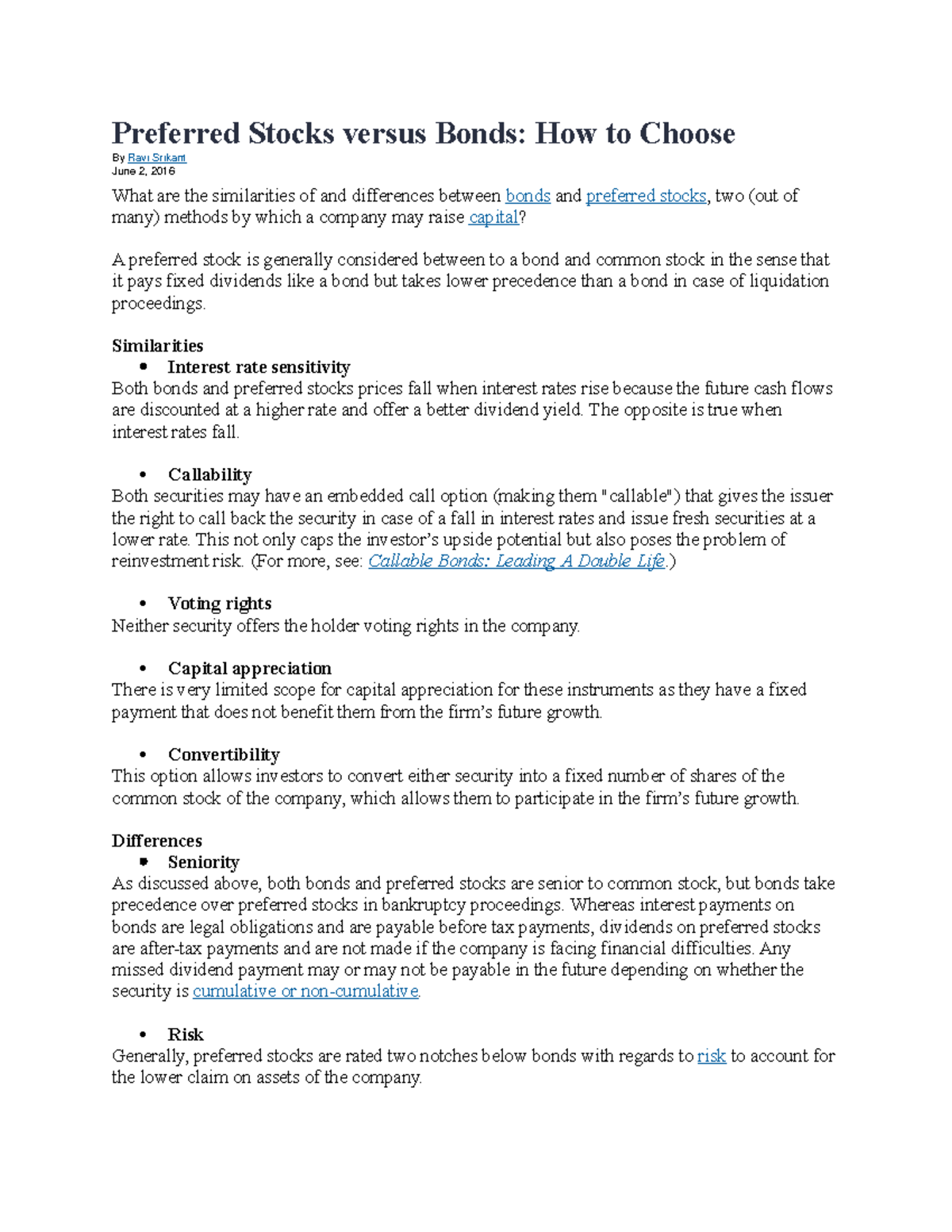 Preferred Stocks versus Bonds - Similarities Interest rate sensitivity ...