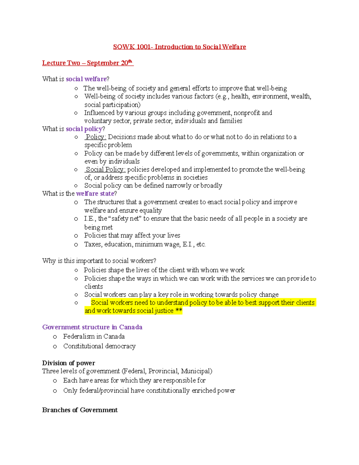 SOWK 1001 - Entire lecture summary Fall 2021. - SOWK 1001- Introduction ...