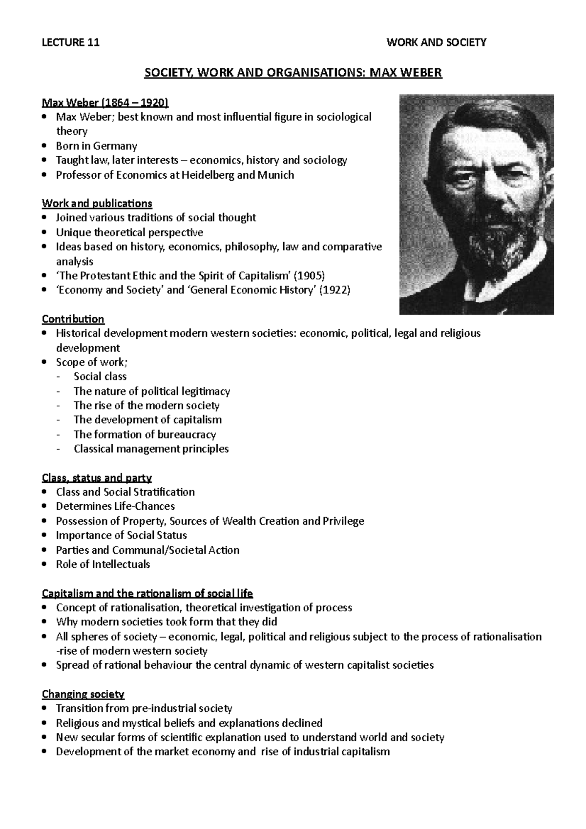 L11 - Max Weber - Lecture 11: notes from Anne Soulsby's Work and ...