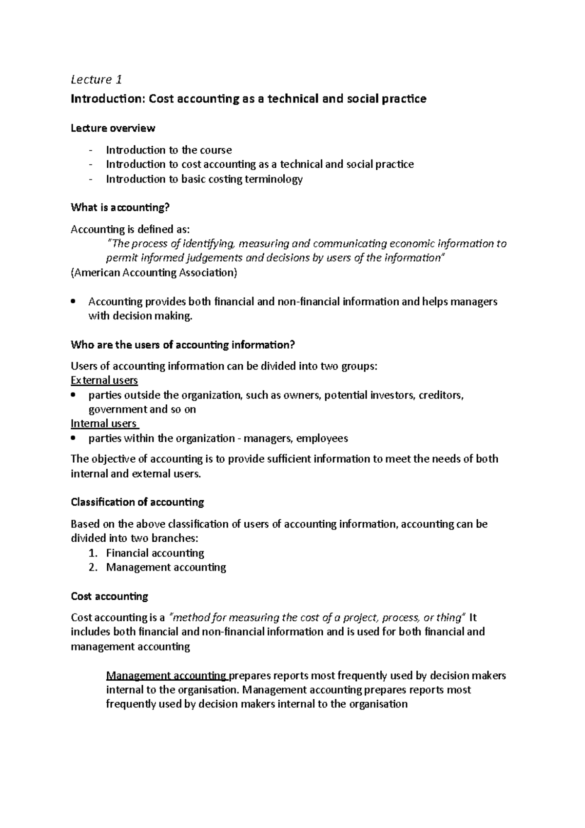 Lecture 1 - Introduction - Cost accounting as a technical and social ...