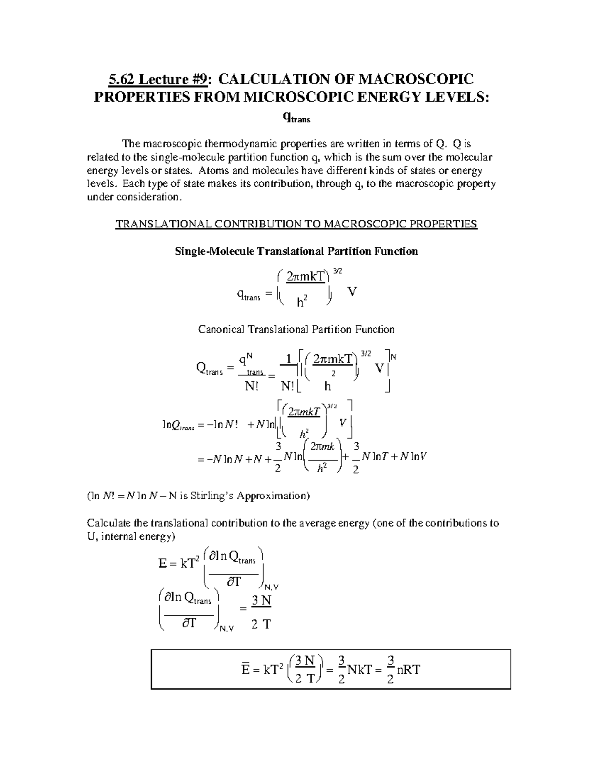 Calculation of macroscopic properties from microscopic energy levels ...