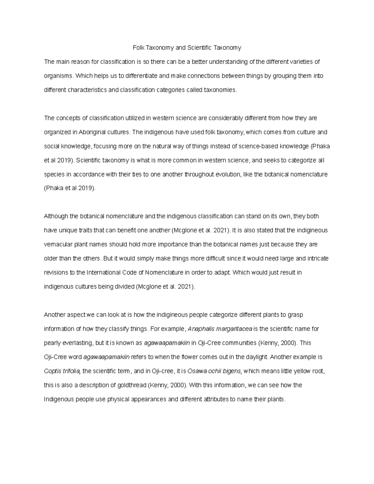 Lab 4 - Classification - Folk Taxonomy and Scientific Taxonomy The main ...