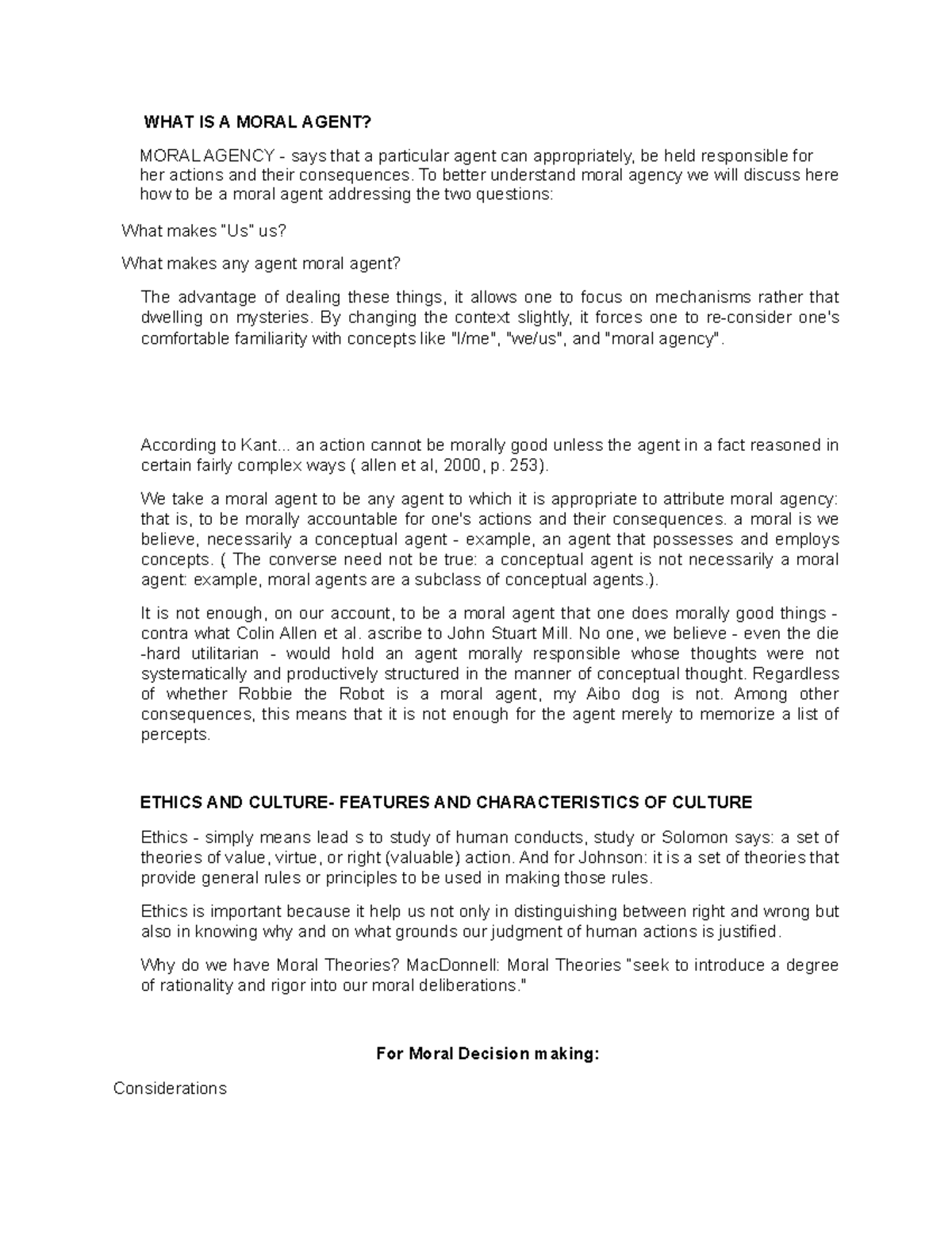 Ethics Summary 14 - For educational purposes - WHAT IS A MORAL AGENT ...