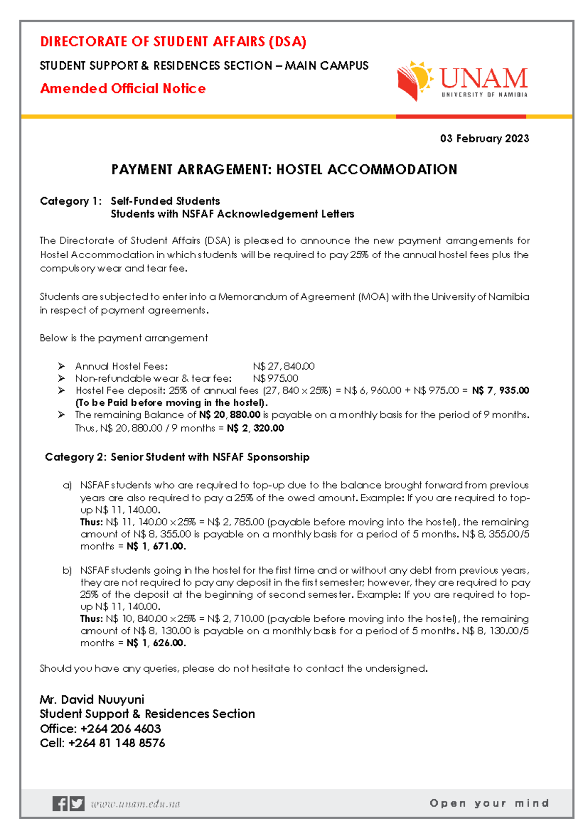 Amended Hostel Notice - Payment Arrangements - research methodologies - UNAM - Studocu