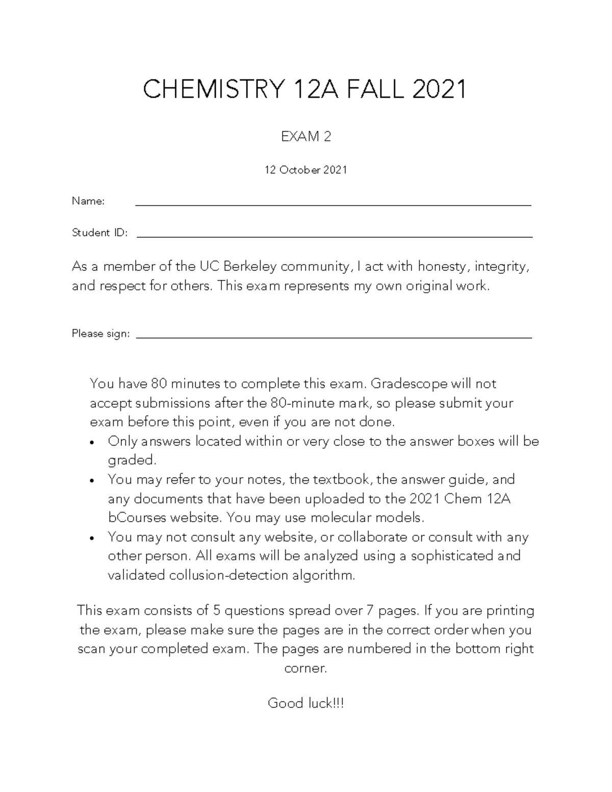 Chemistry 12A Midterm 2 - CHEMISTRY 12A FALL 2021 EXAM 2 12 October ...