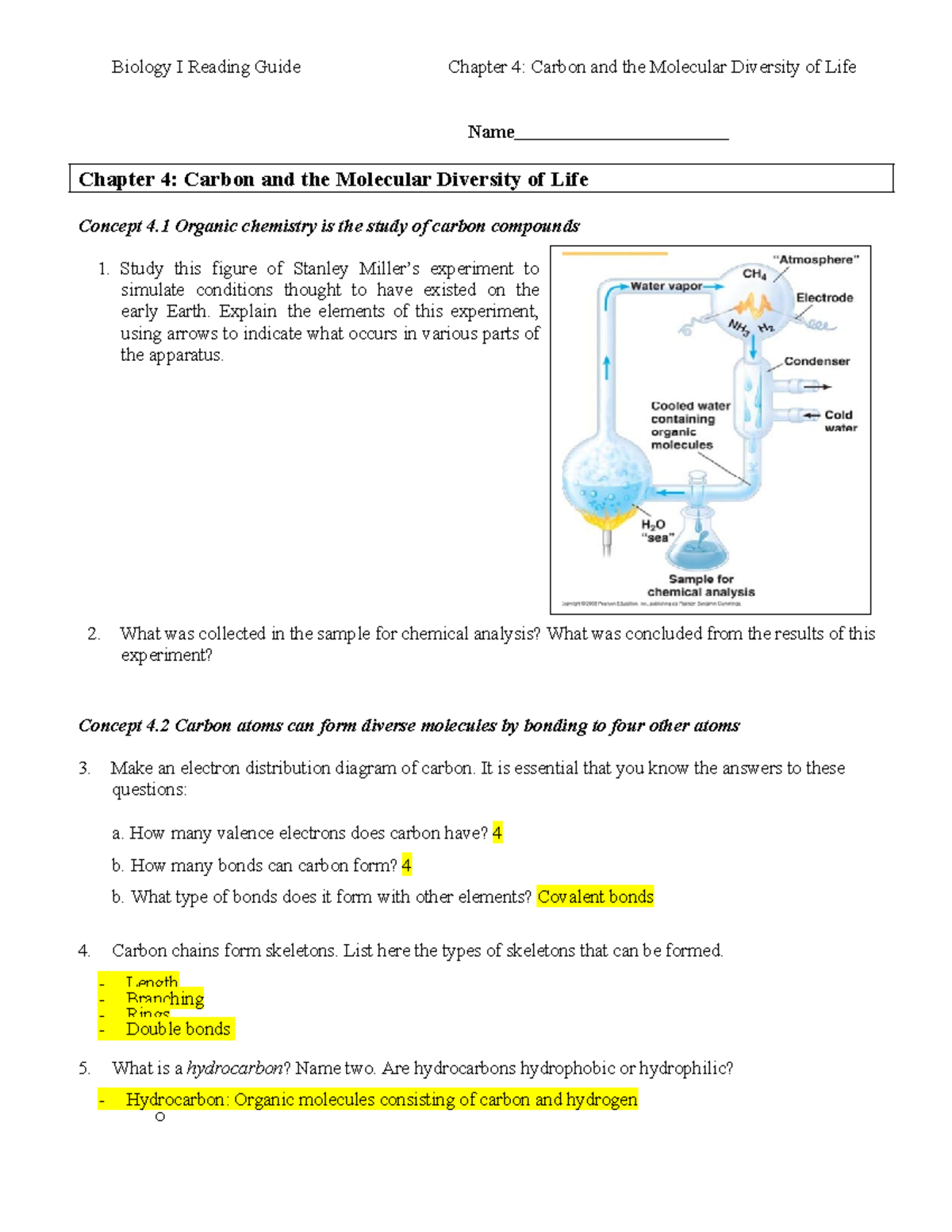 Chapter 4 Study Guide - N/A - Biology I Reading Guide Chapter 4: Carbon ...