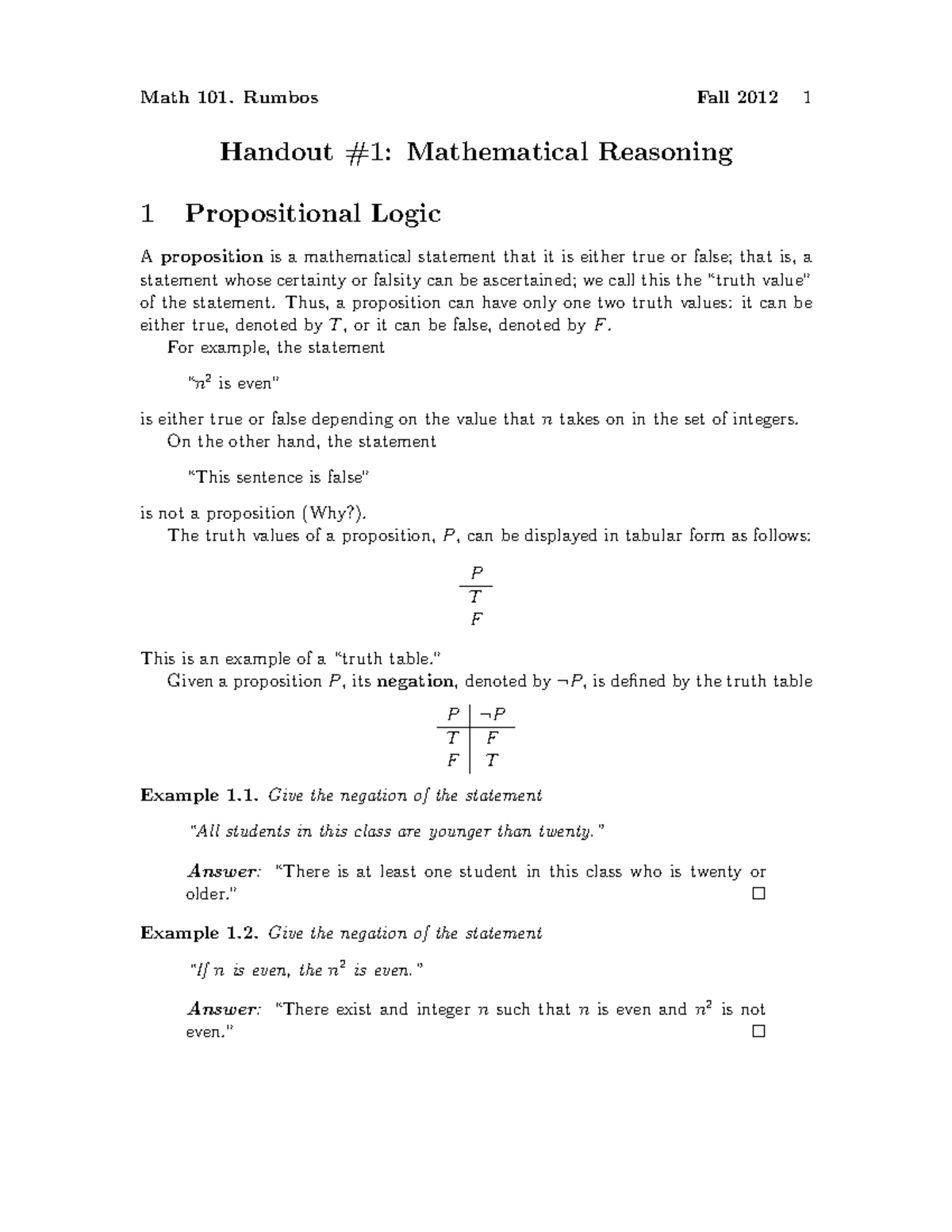 Notes on Mathematical Reasoning - Handout #1: Mathematical Reasoning 1 ...