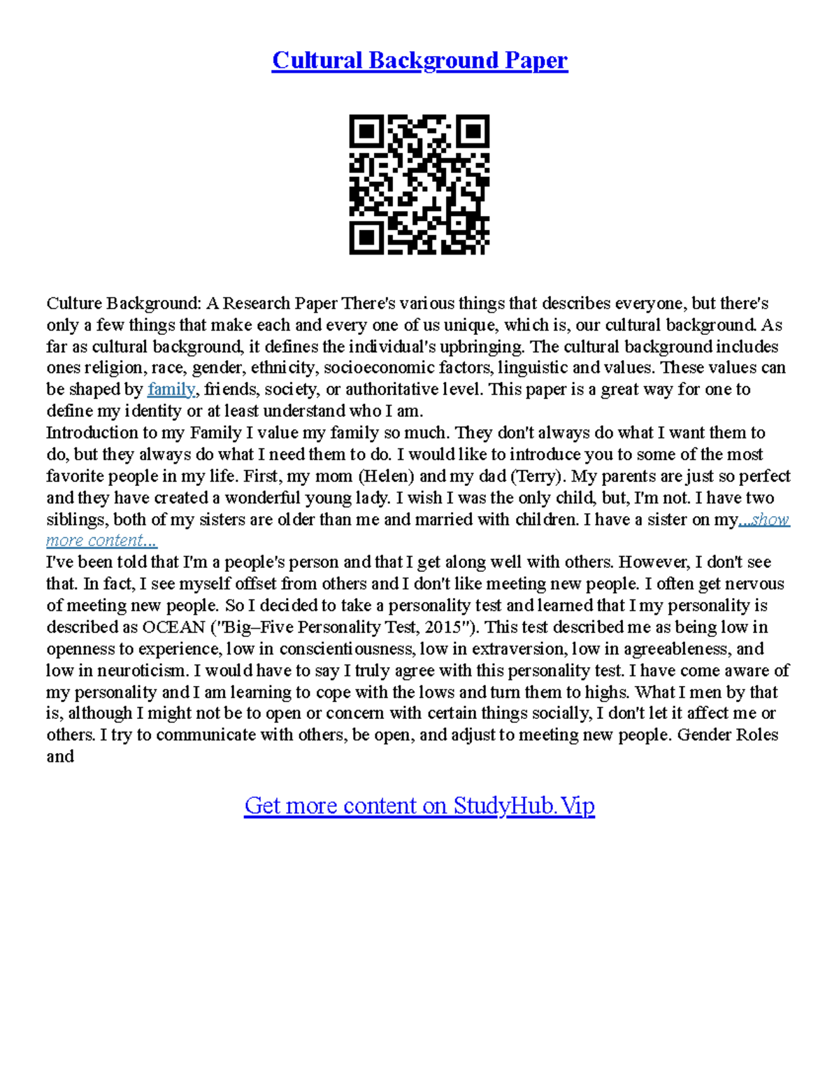 Cultural Background Essay - Cultural Background Paper Culture ...