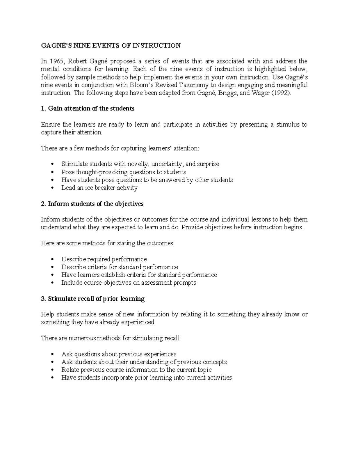 Gagné 9 events of instruction -Handout 1 - GAGNÉ'S NINE EVENTS OF ...