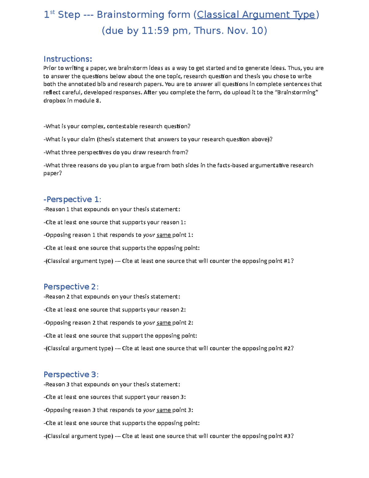 Classical Argument Brainstorming Form (2) - 1 st Step - Brainstorming ...