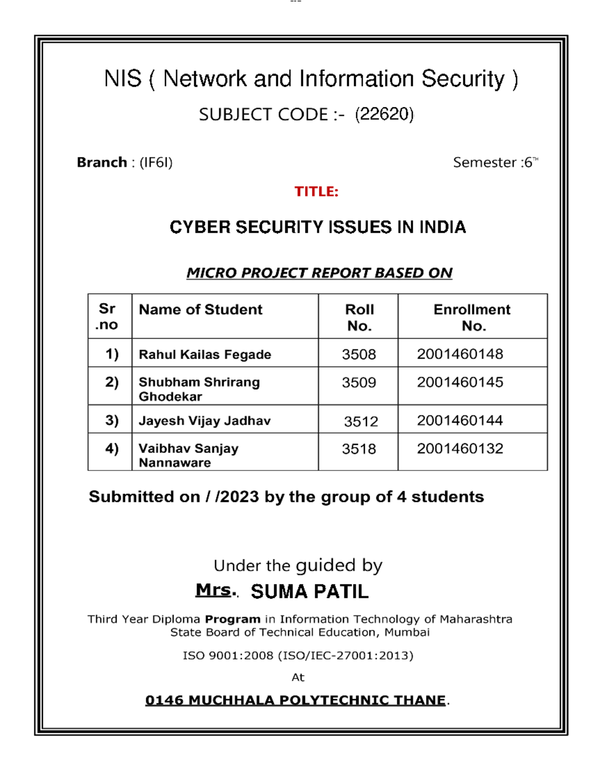NIS Microproject - NIS ( Network and Information Security ) (22620) CYBER SECURITY ISSUES IN ...