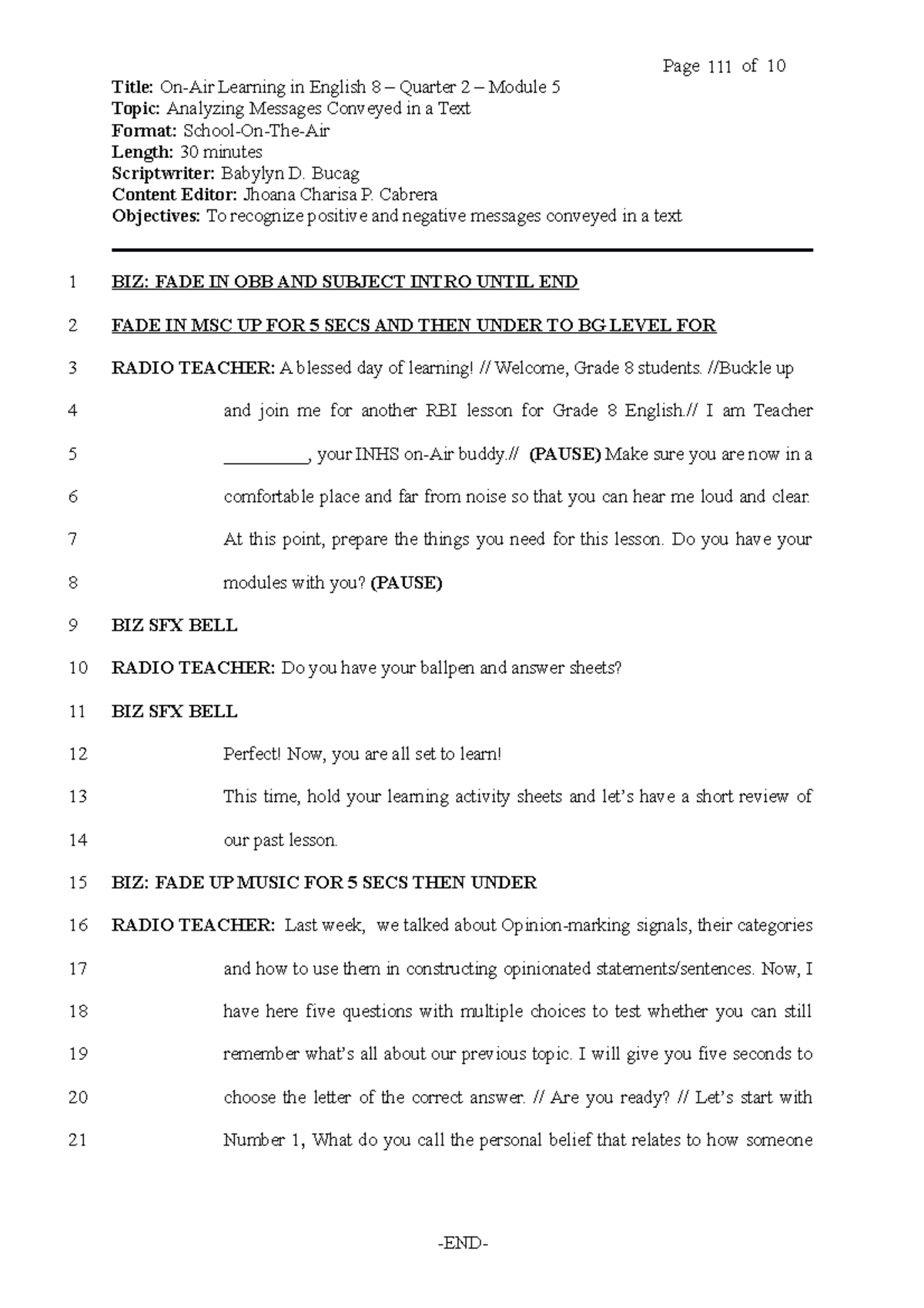 RBI English 8 Module 3 Script - Title: On-Air Learning in English 8 ...