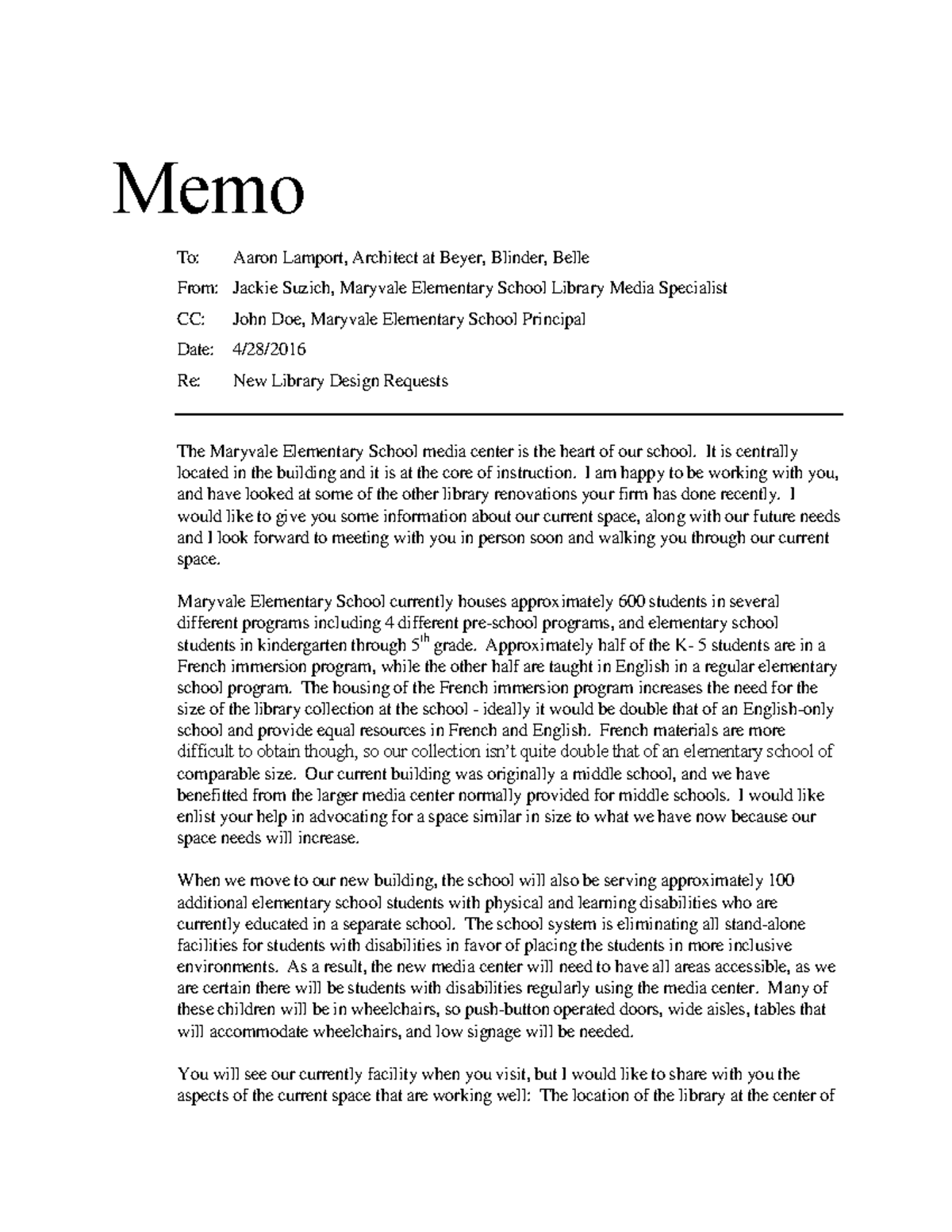 Architect-memo - memo writing example - Memo To: Aaron Lamport ...