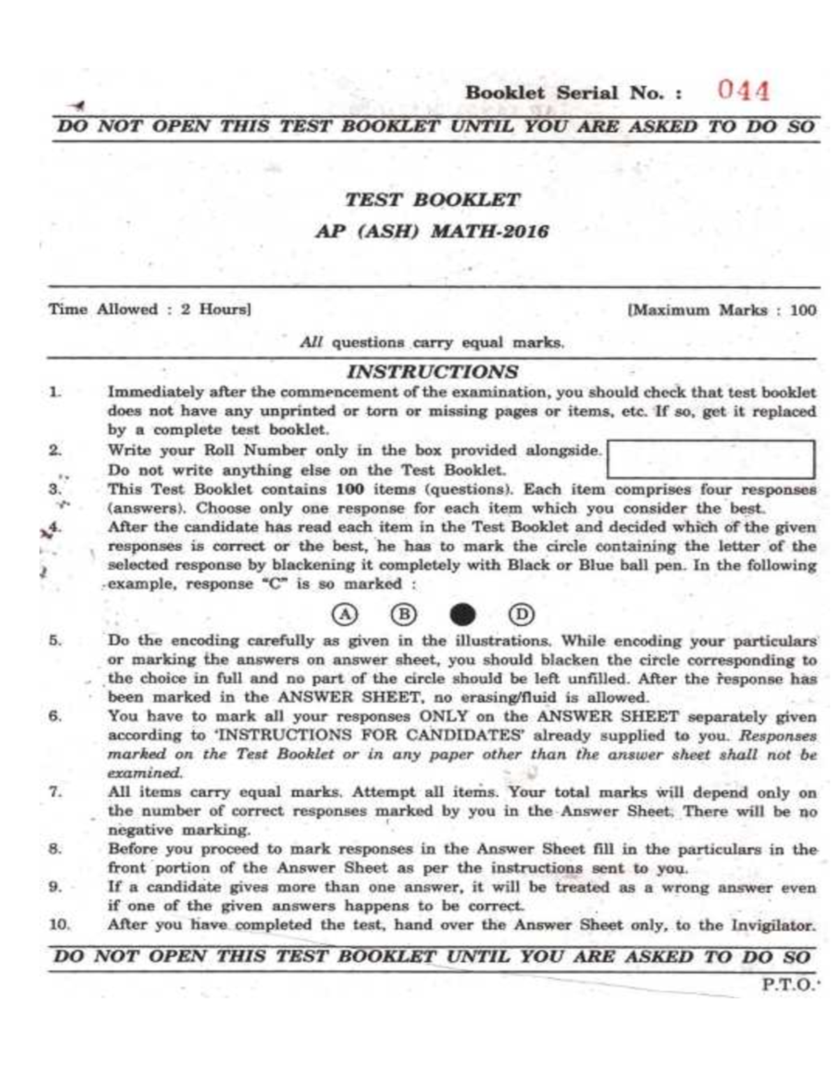 2016-4-Asstt.Prof (ASH) Math-2016 - Booklet Serial No. : 044 DO NOT ...