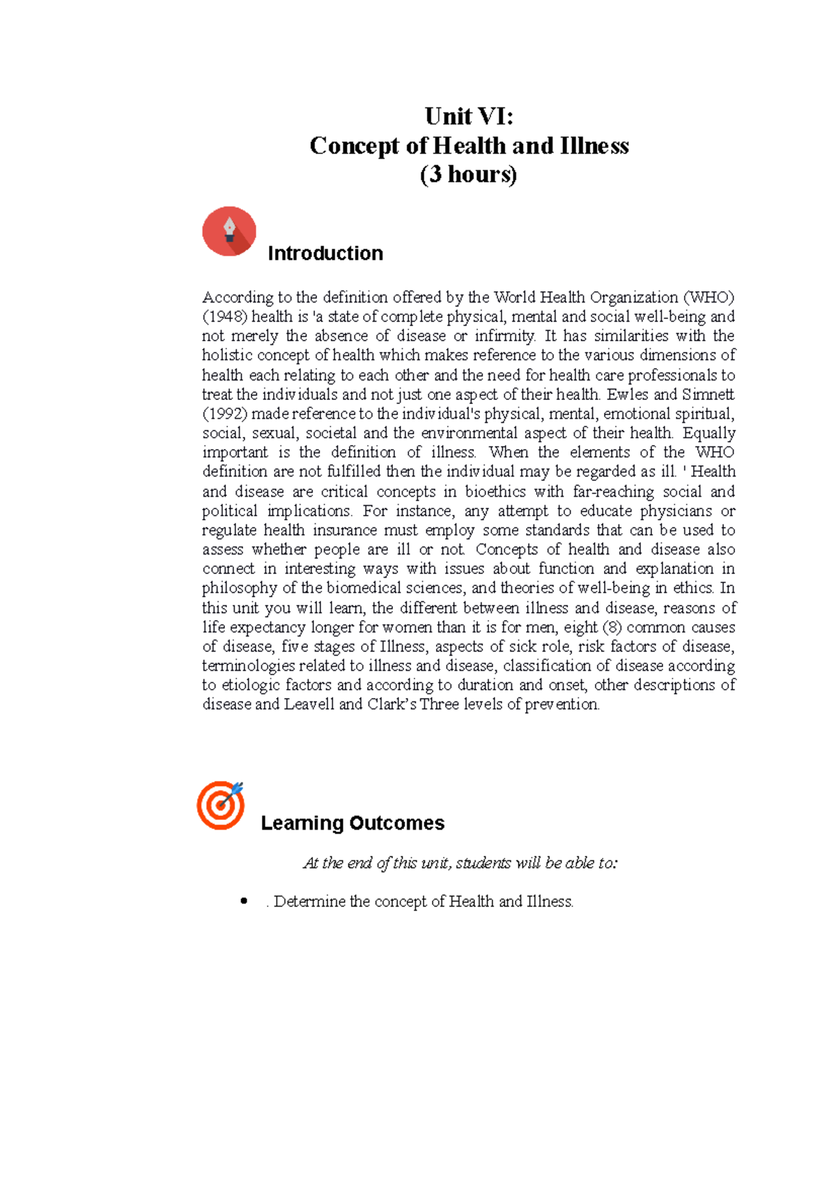 Unit 6. PH 51 2 - Fohc - Unit VI: Concept of Health and Illness (3 ...