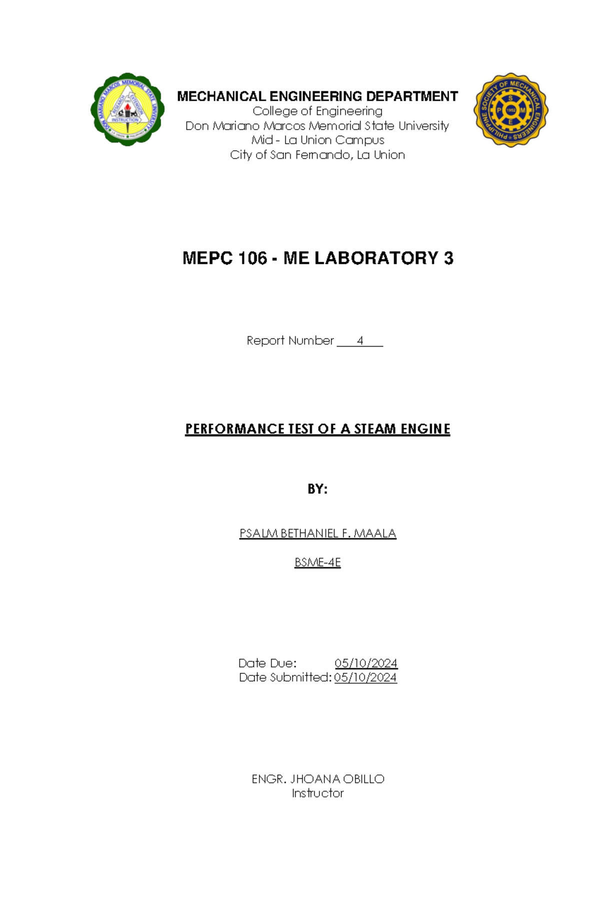 ME LAB3 EXP4 - ME LAB3 EXP4 - BS in Mechanical Engineering - MECHANICAL ...
