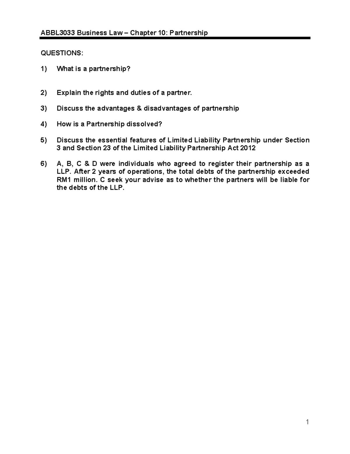 Partnership - ——- ABBL3033 Business Law – Chapter 10: Partnership 1 ...