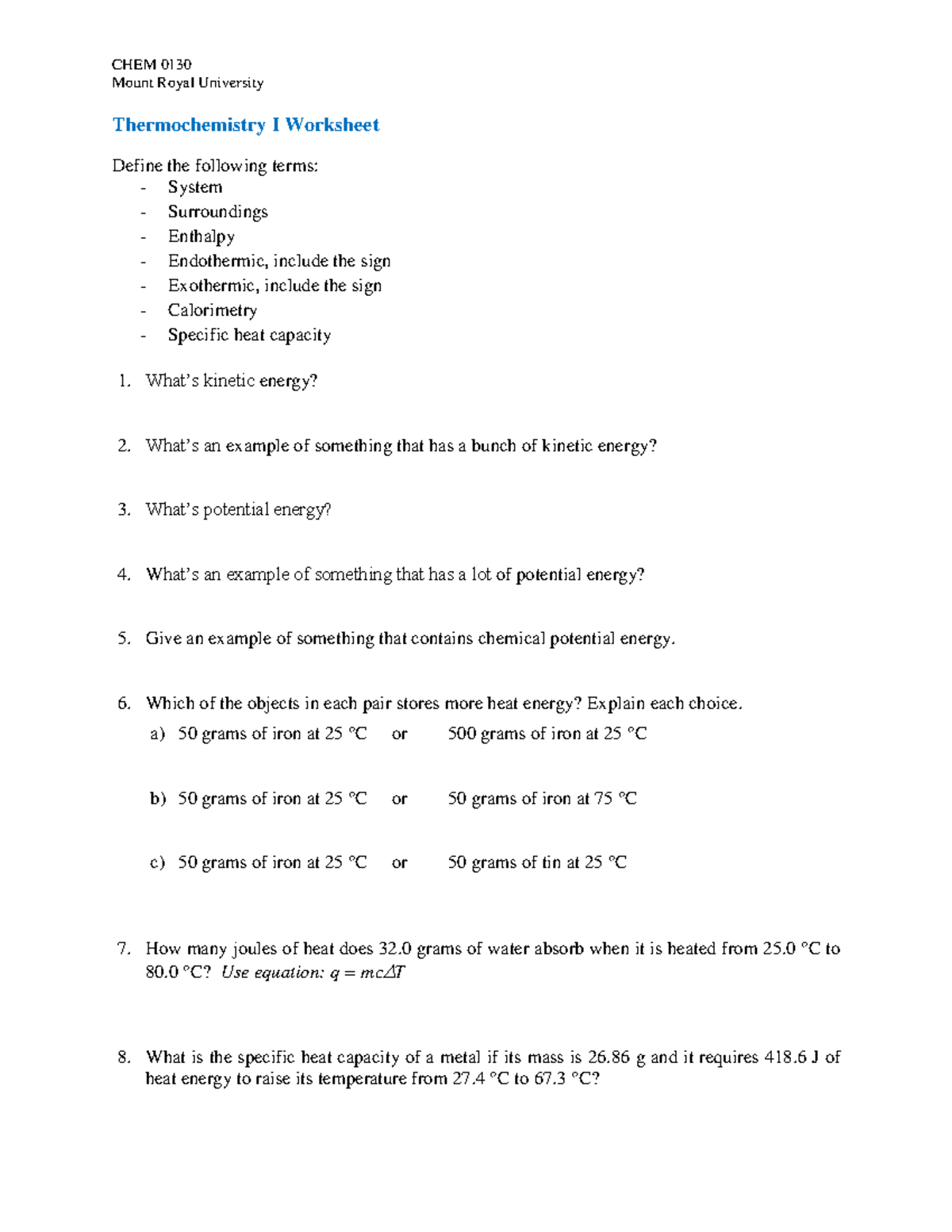 Thermochemistry I Worksheet - CHEM 0130 Mount Royal University ...
