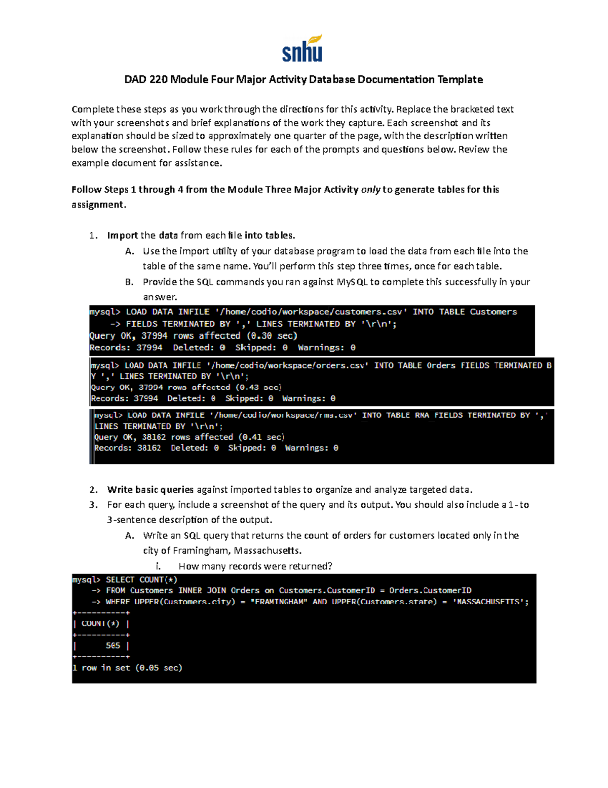 DAD 220 Module Four Major Activity Database Doc - Replace the bracketed text with your ...