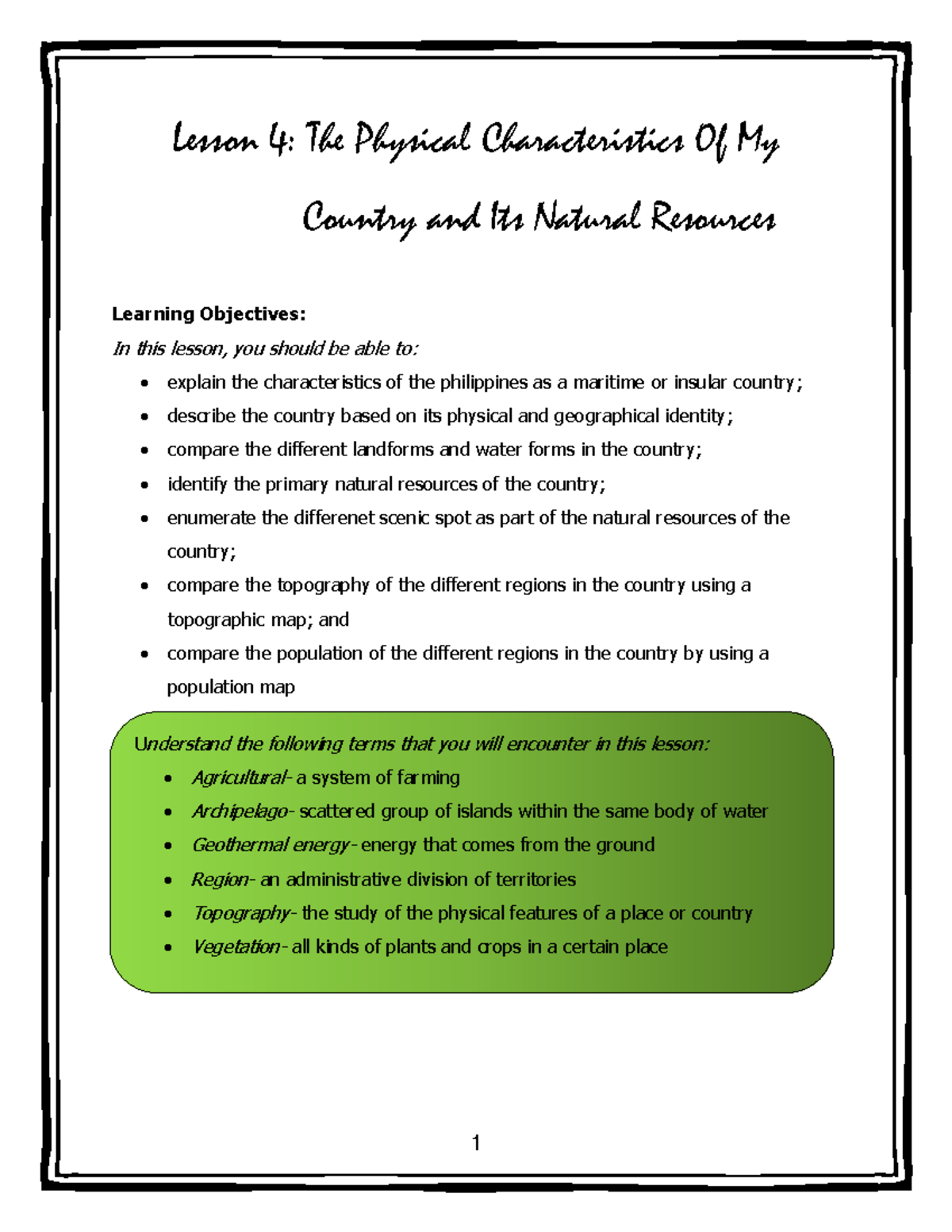 Lesson 4 The Physical Characteristics of My Country and Its Natural ...