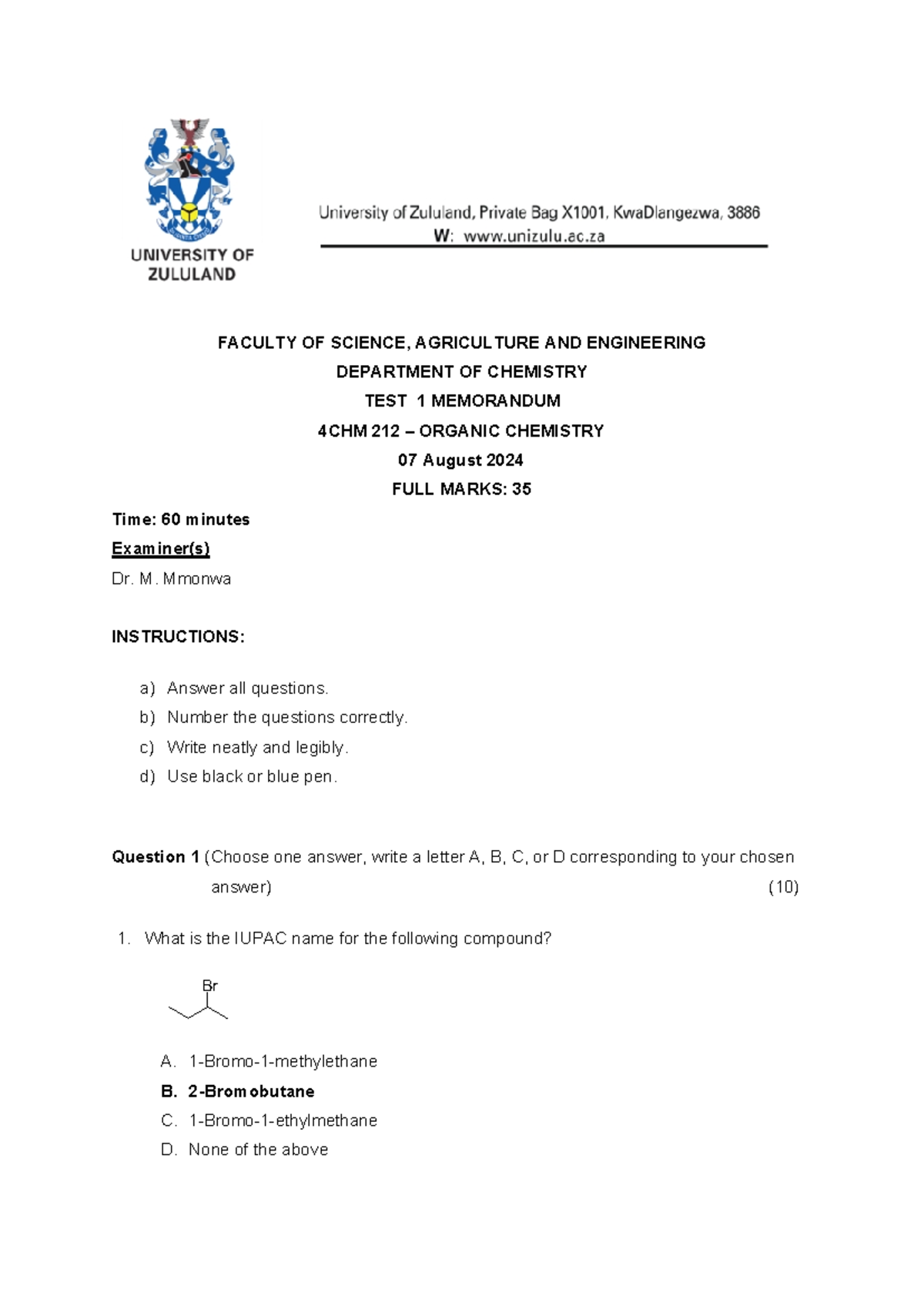 Test 1 (SN2, SN1, E2) Memo 013859 - FACULTY OF SCIENCE, AGRICULTURE AND ...
