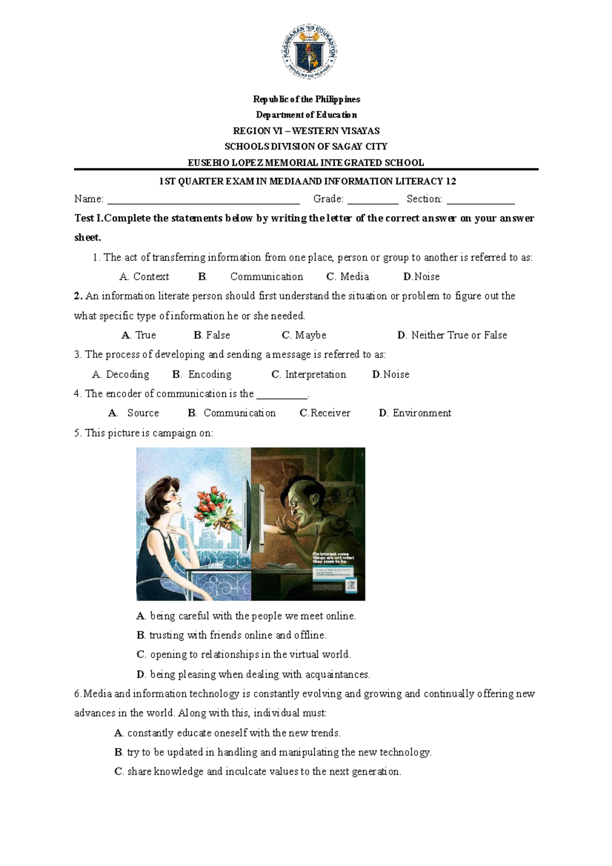 1st Quarter Exam - 1st Q1 exam MIL - Republic of the Philippines ...
