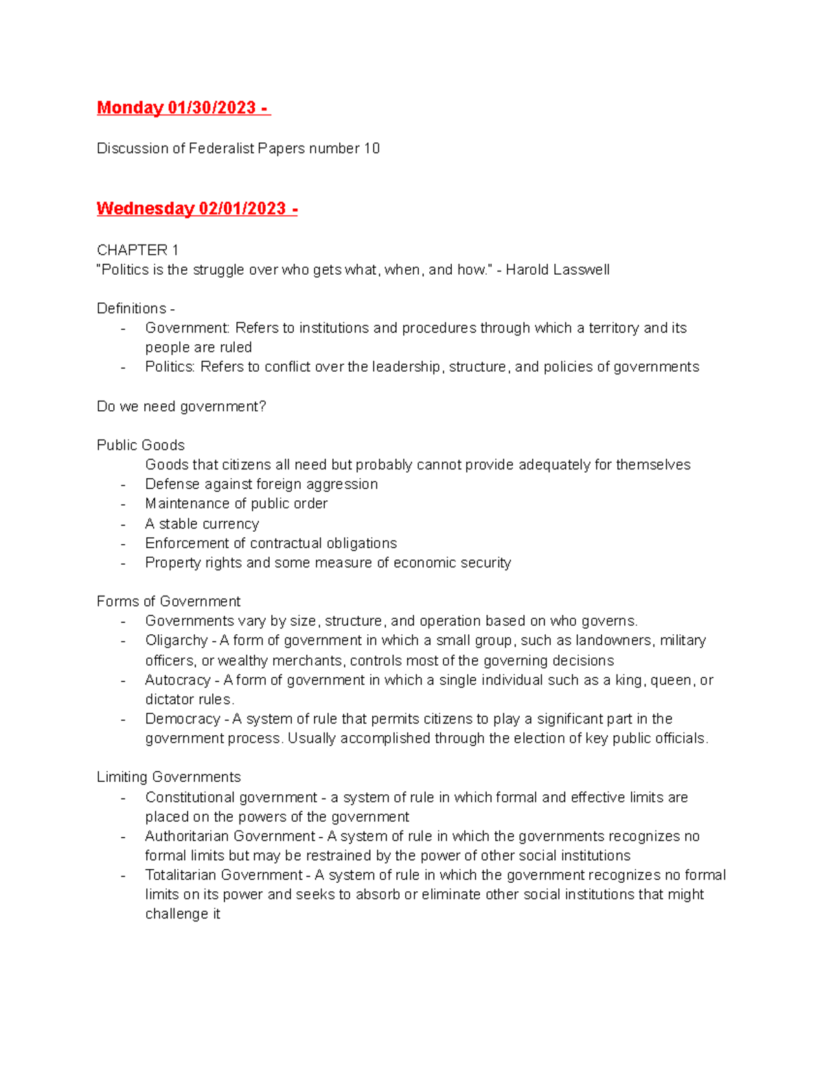 Week 2 - American Government - Monday 01/30/2023 - Discussion of ...